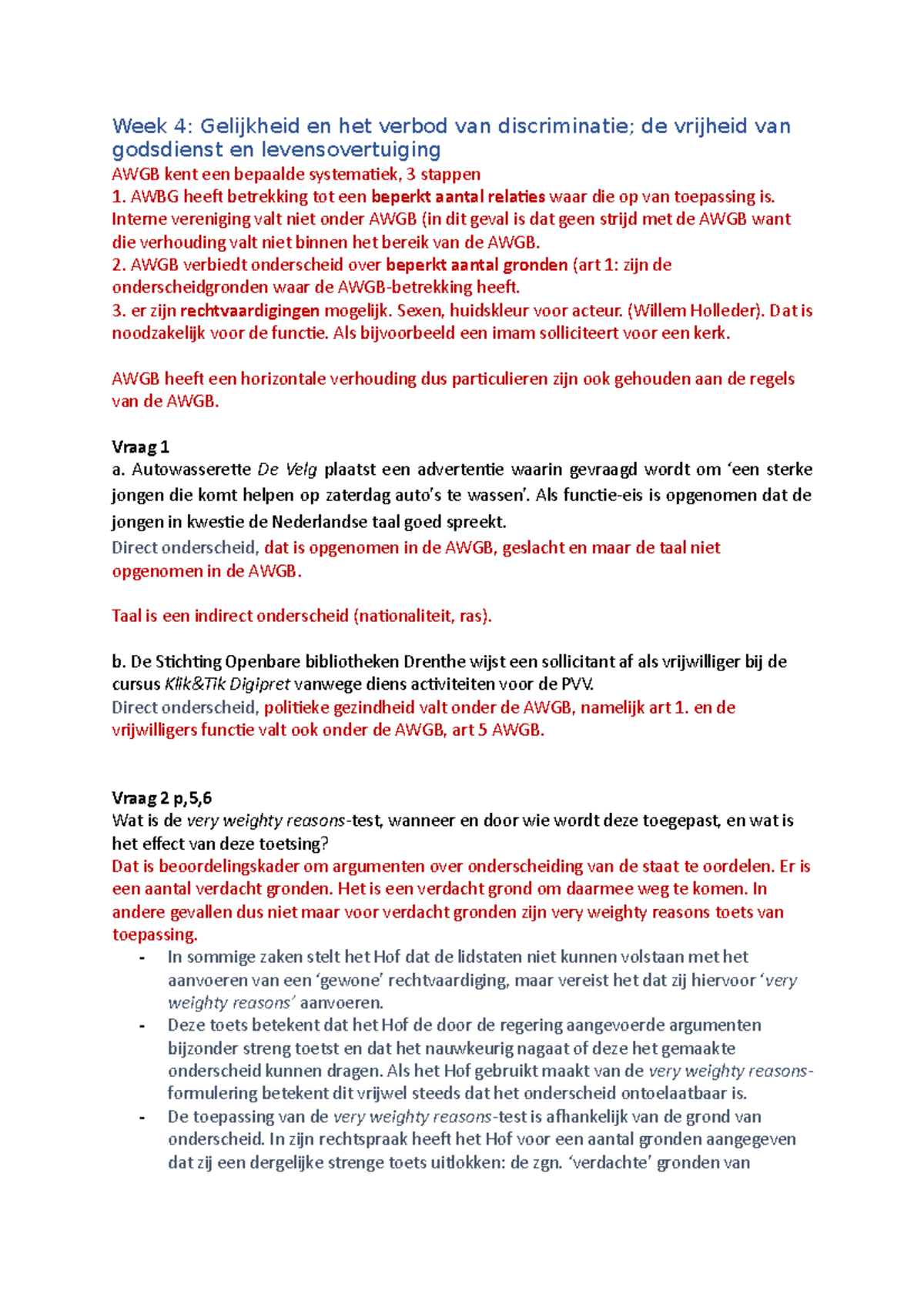 Week 4 - Week 4: Gelijkheid en het verbod van discriminatie; de ...