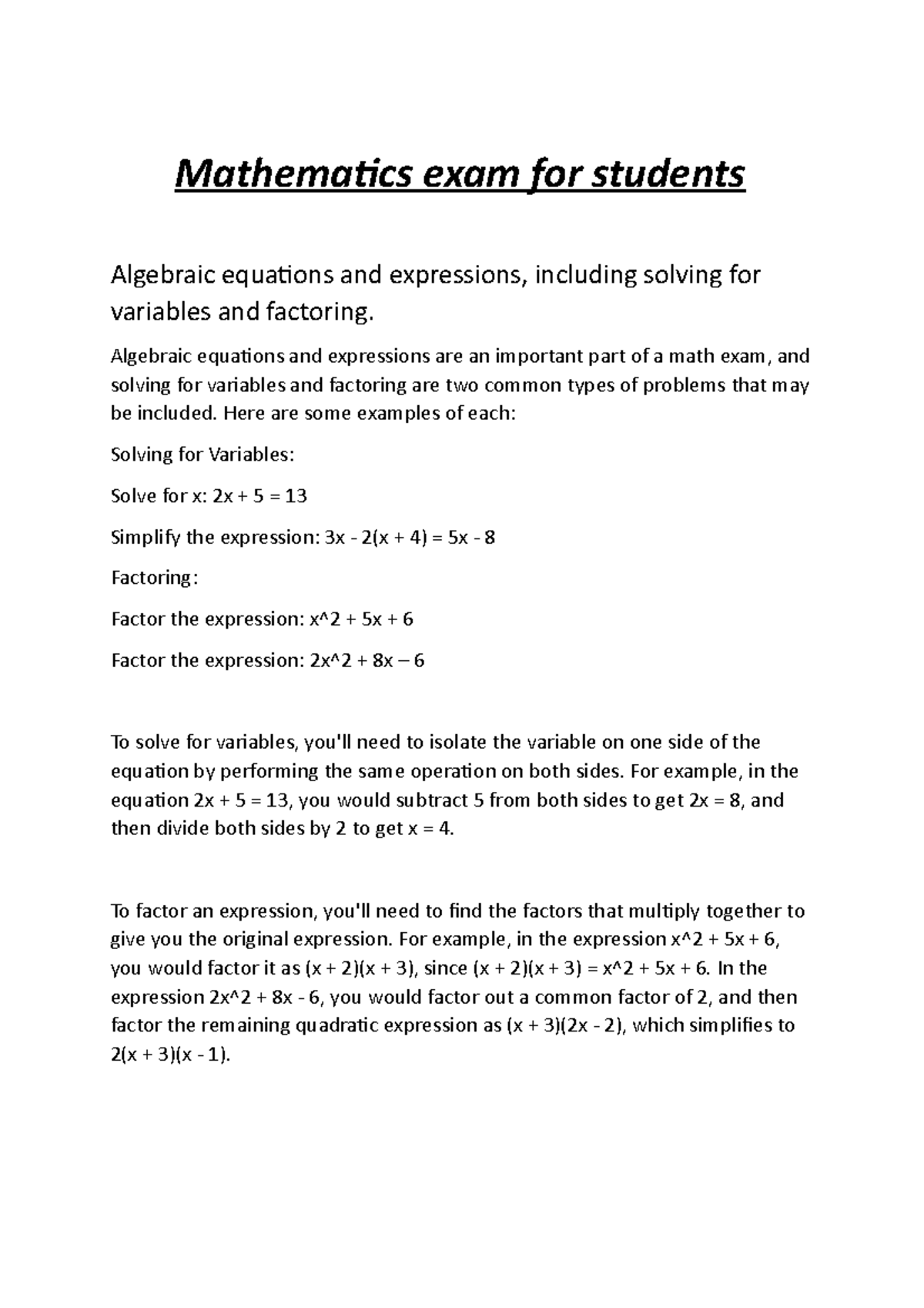 Mathematics exam for students - Mathematics exam for students Algebraic ...