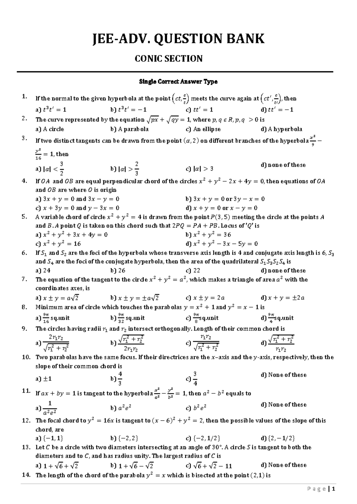 JEE-ADV Conic Section Question BANK - JEE-ADV. QUESTION BANK CONIC ...