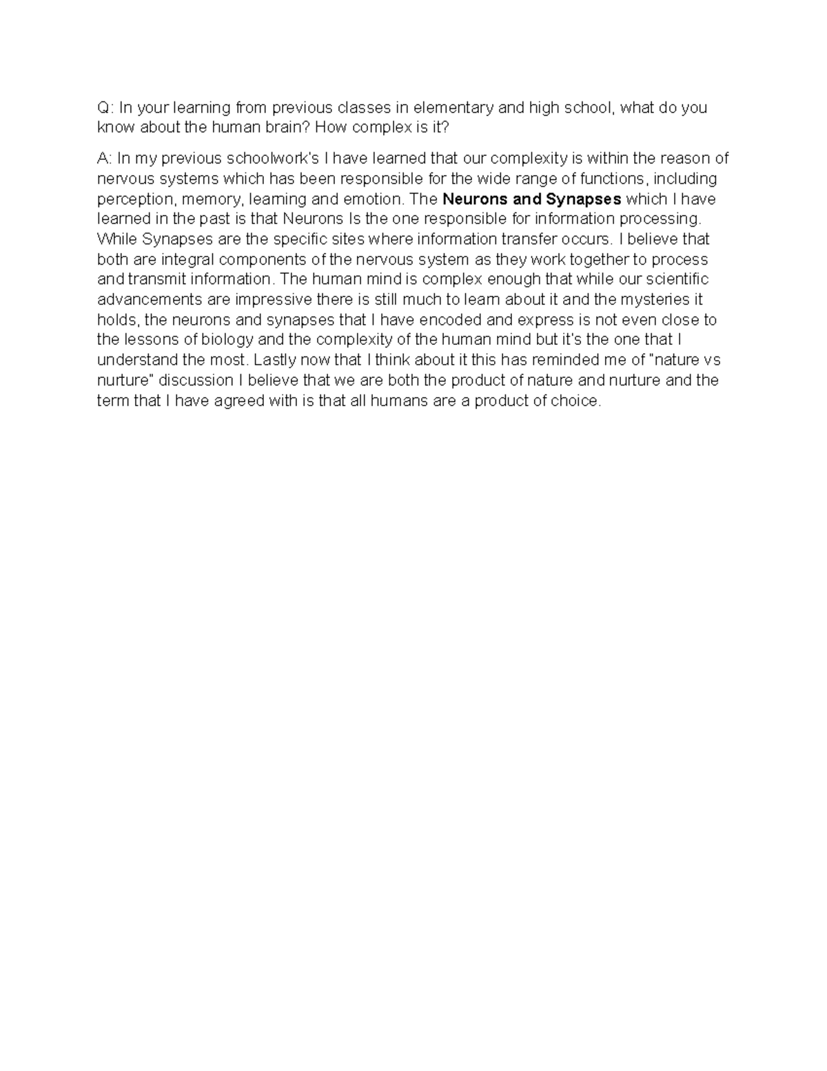 Checking FOR Understanding PSY 03 - Q: In your learning from previous ...