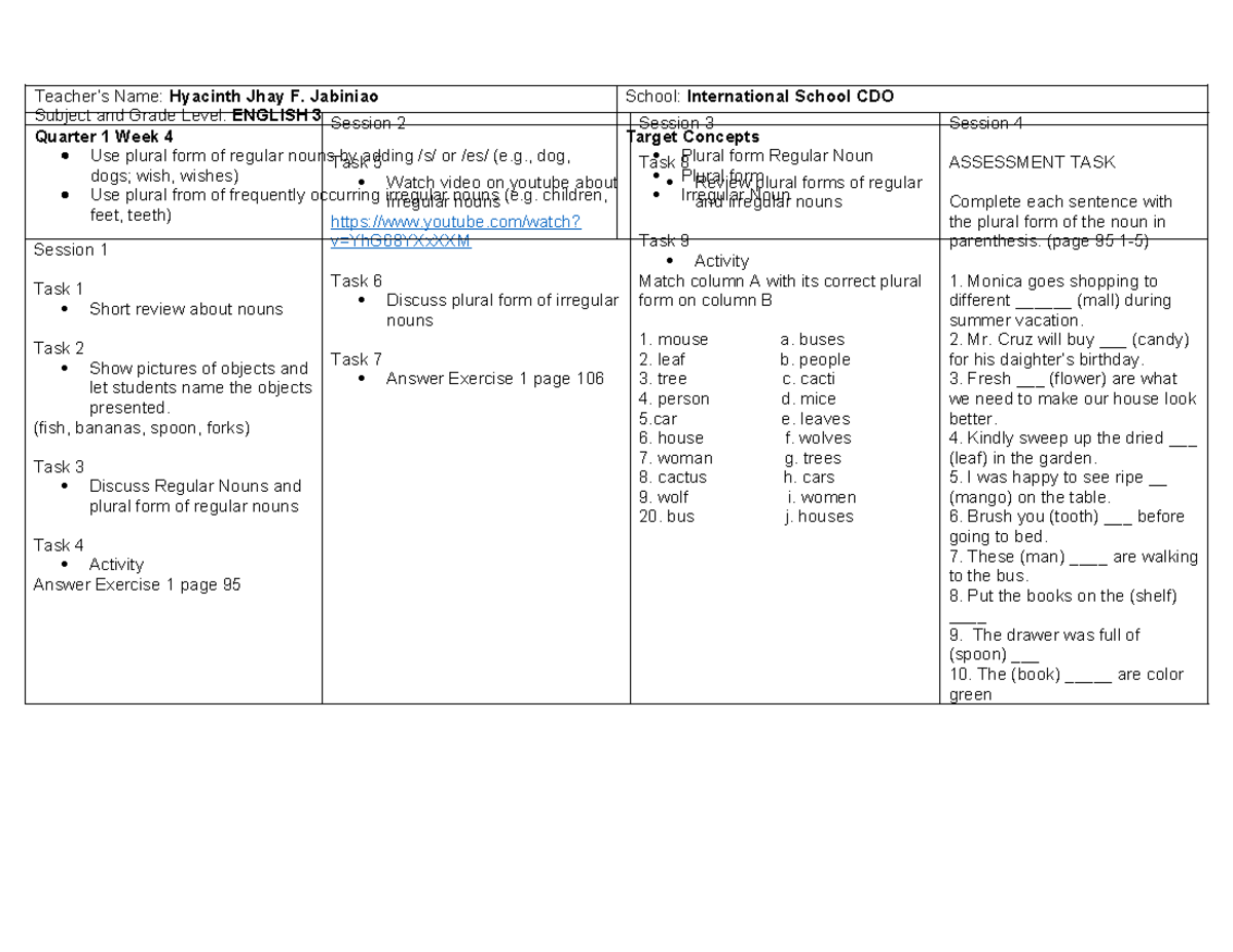 Grade 3 Lesson Plan English Quarter 1 Week 4 - Session 1 Task 1 Short ...
