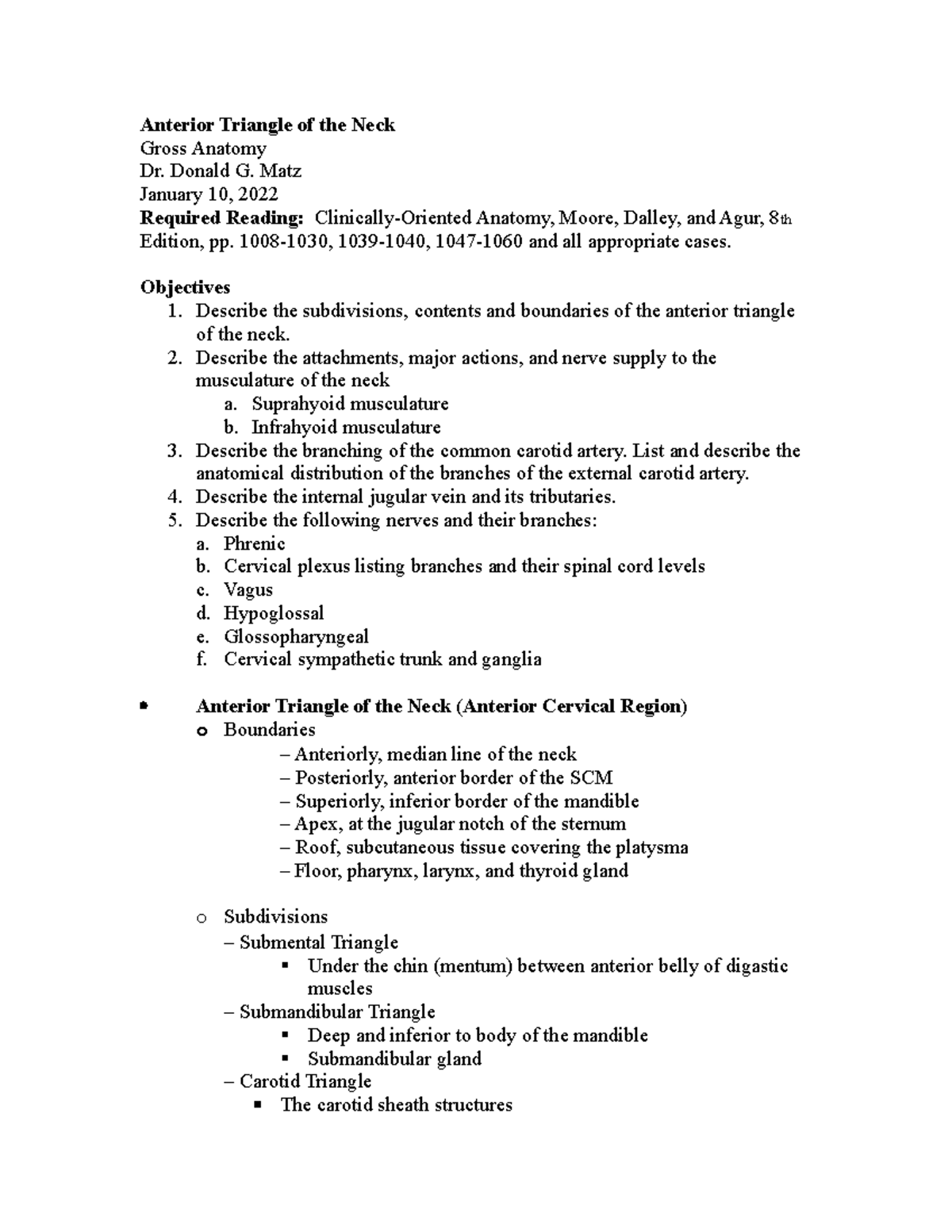 Gross Anatomy; Anterior Triangle of the Neck Handout - Anterior ...