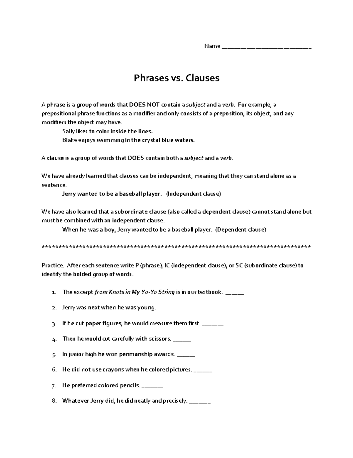 Lesson 9 - Phrases vs. Clauses - Name ...