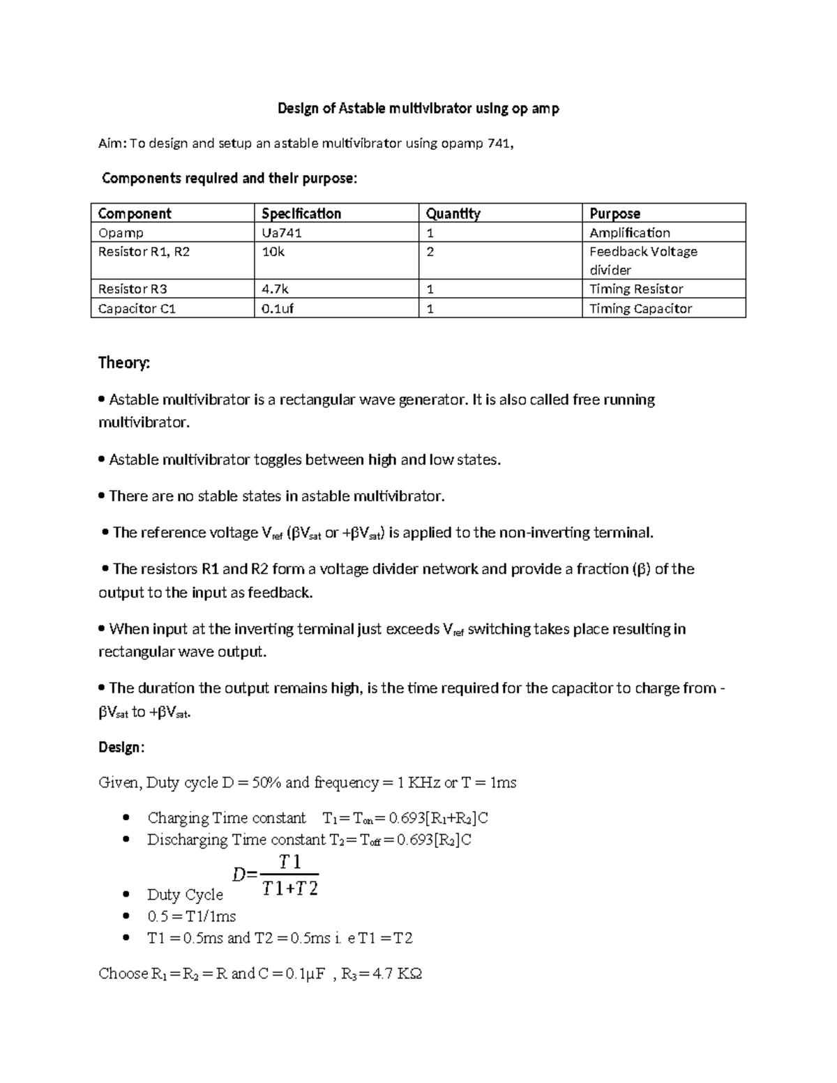 Astable exp opamp - Design of Astable multivibrator using op amp Aim: To design and setup an ...
