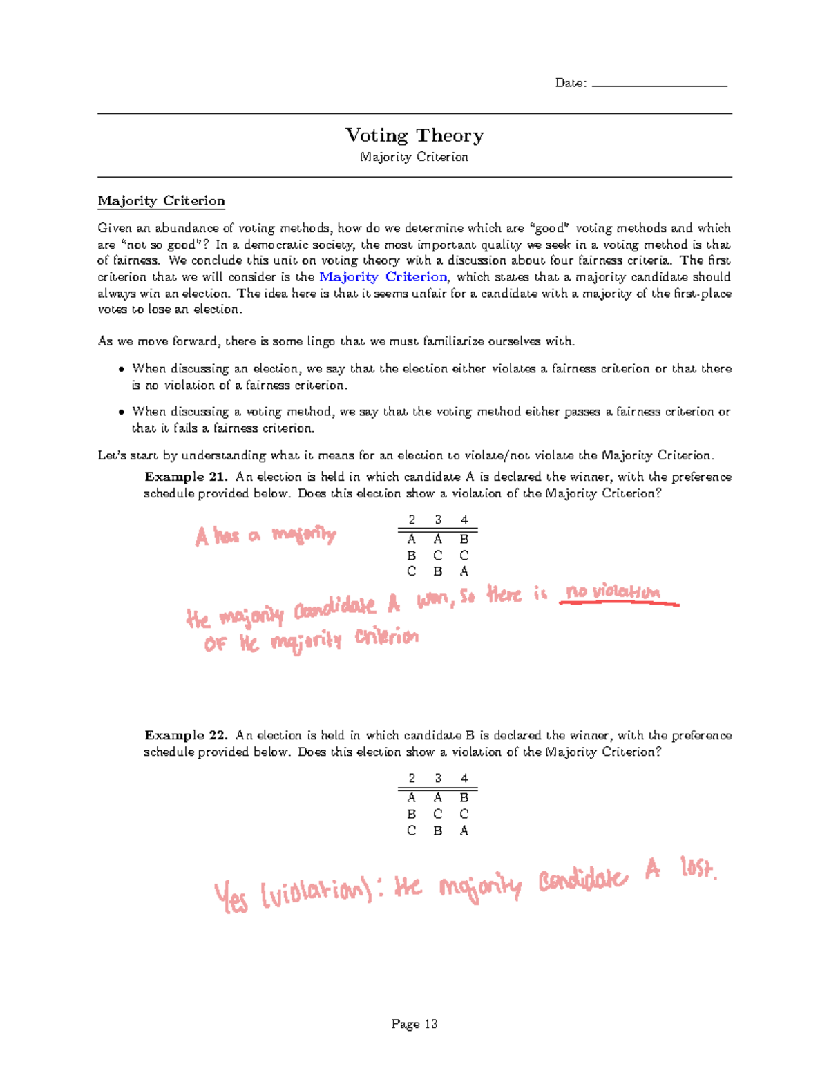 Voting theory 13 - Date: Voting Theory Majority Criterion Majority ...