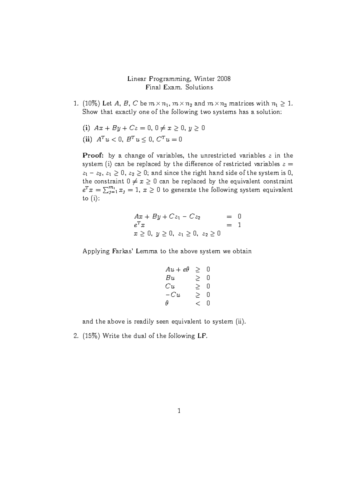 Finalsol - yjyjyjyjyjy - Linear Programming, Winter 2008 Final Exam ...