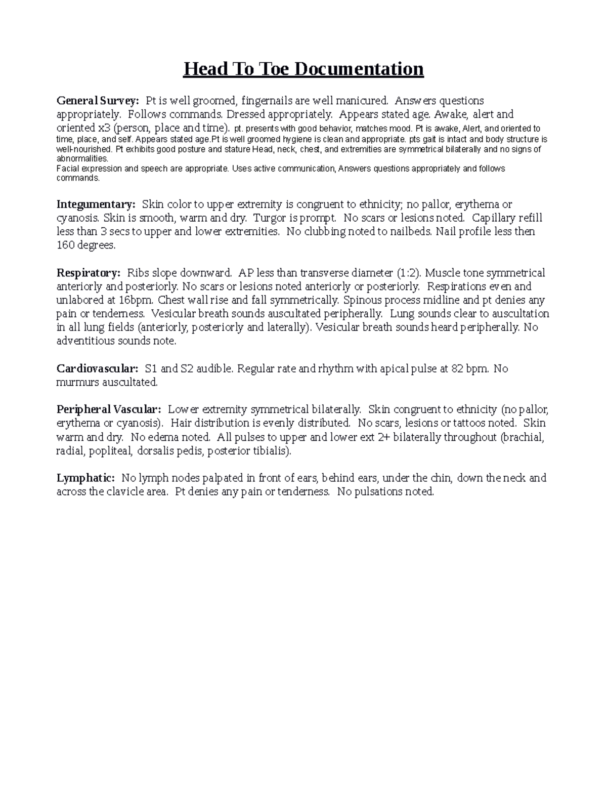 Head to toe verbiage pt 1-1 - Head To Toe Documentation General Survey ...
