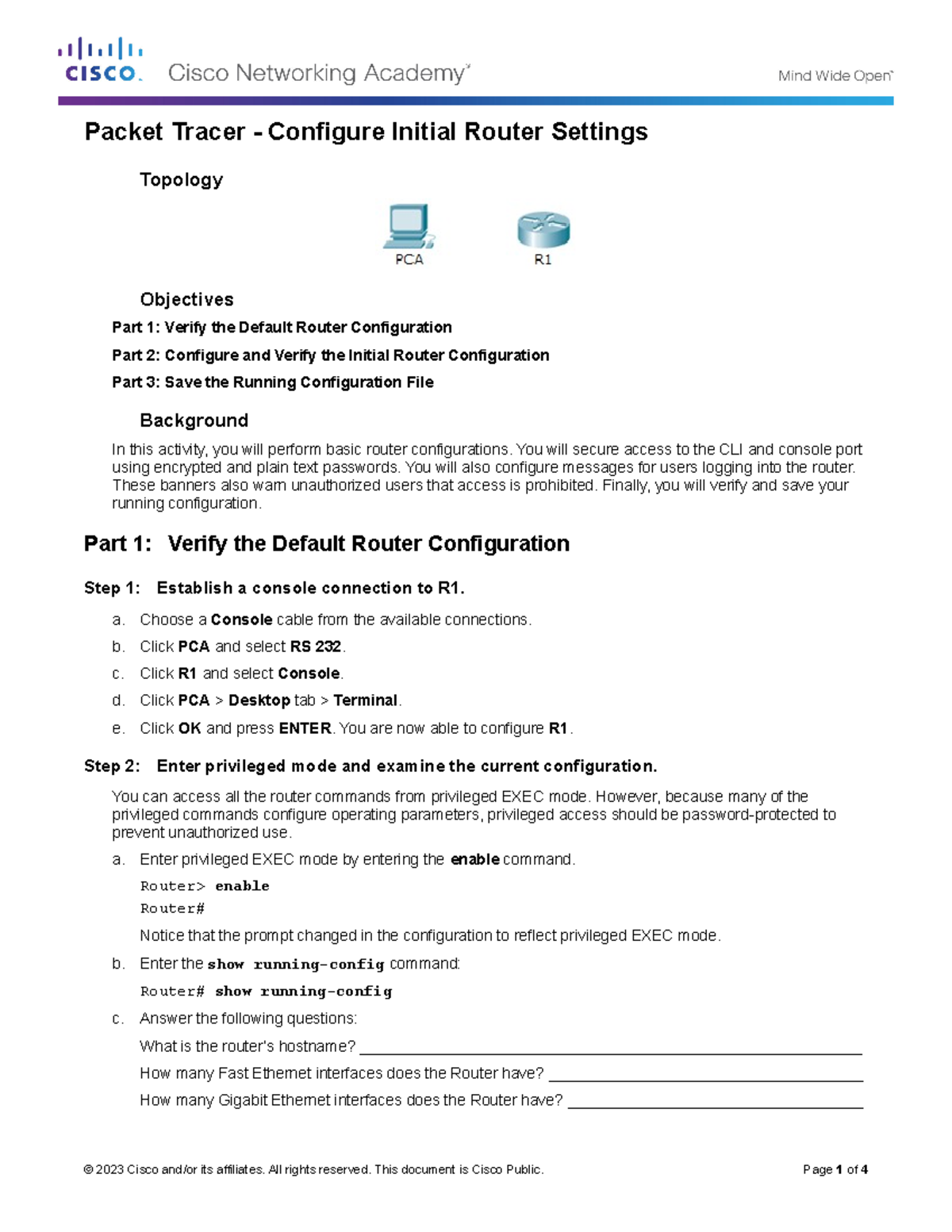 6 4 1 3 Packet Tracer Configure Initial Router Settings Topology Objectives Part 1 Verify