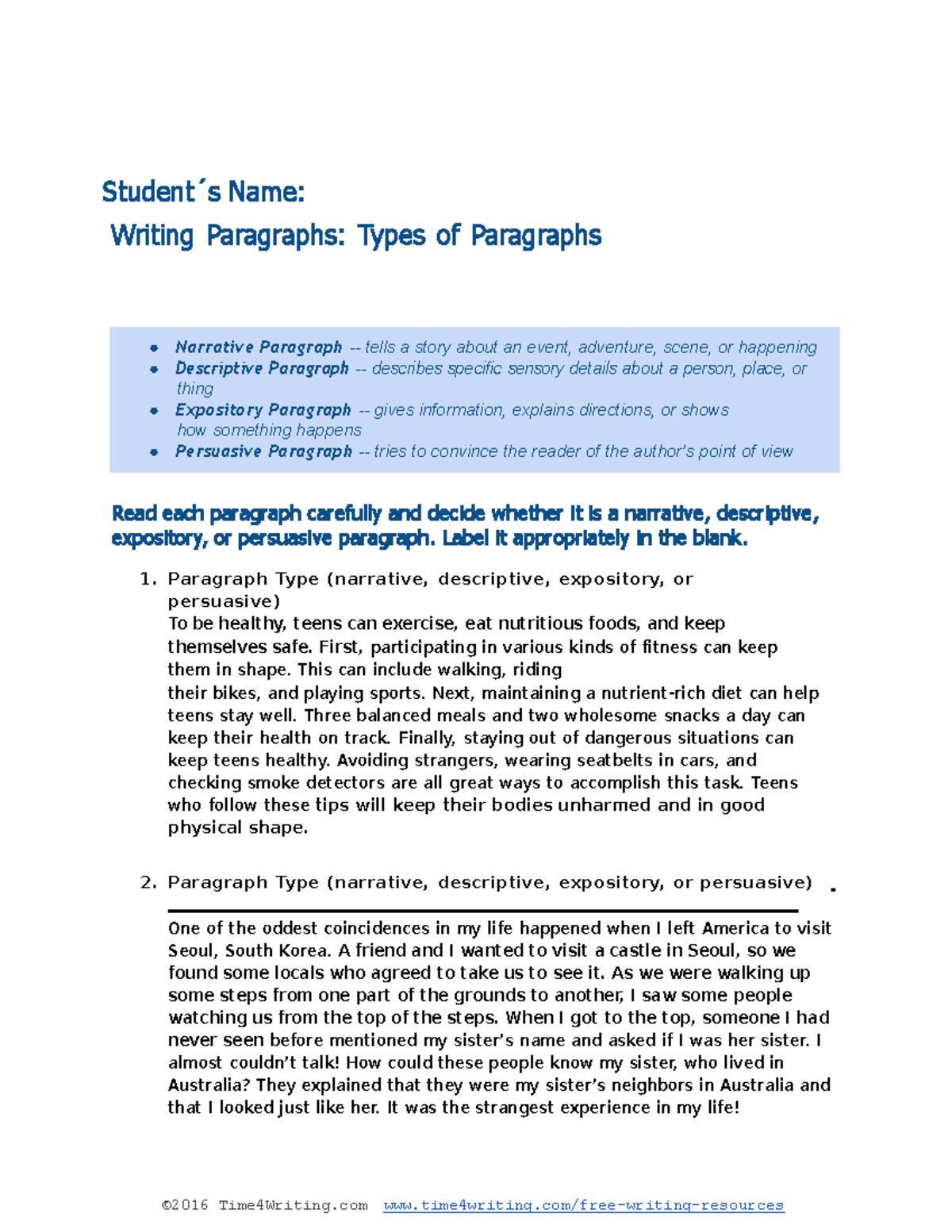 Writing Paragraphs worksheet - Student ́s Name: Writing Paragraphs ...