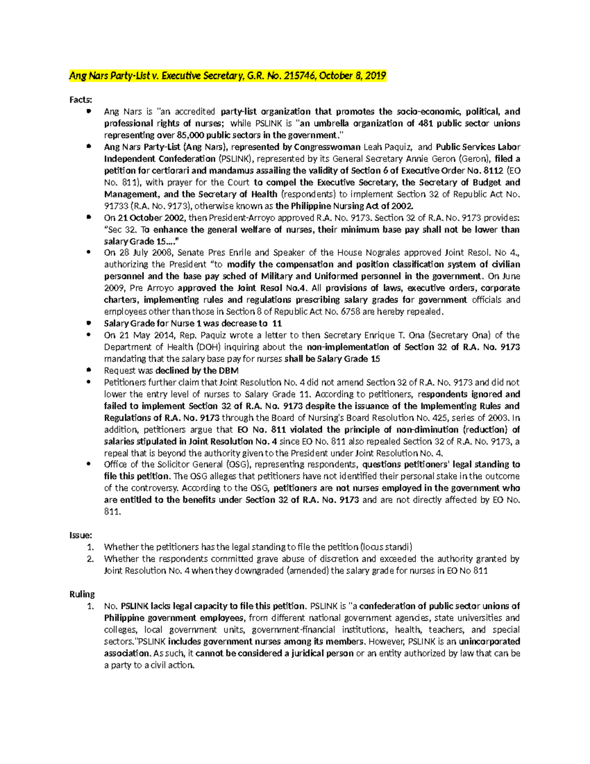 Powers of Congress Cases - Ang Nars Party-List v. Executive Secretary ...