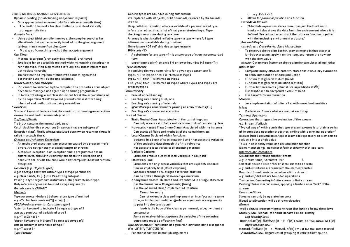 Cs2030s Finals Cheat Sheet Static Methods Cannot Be Overriden Dynamic Binding Or Late Binding 