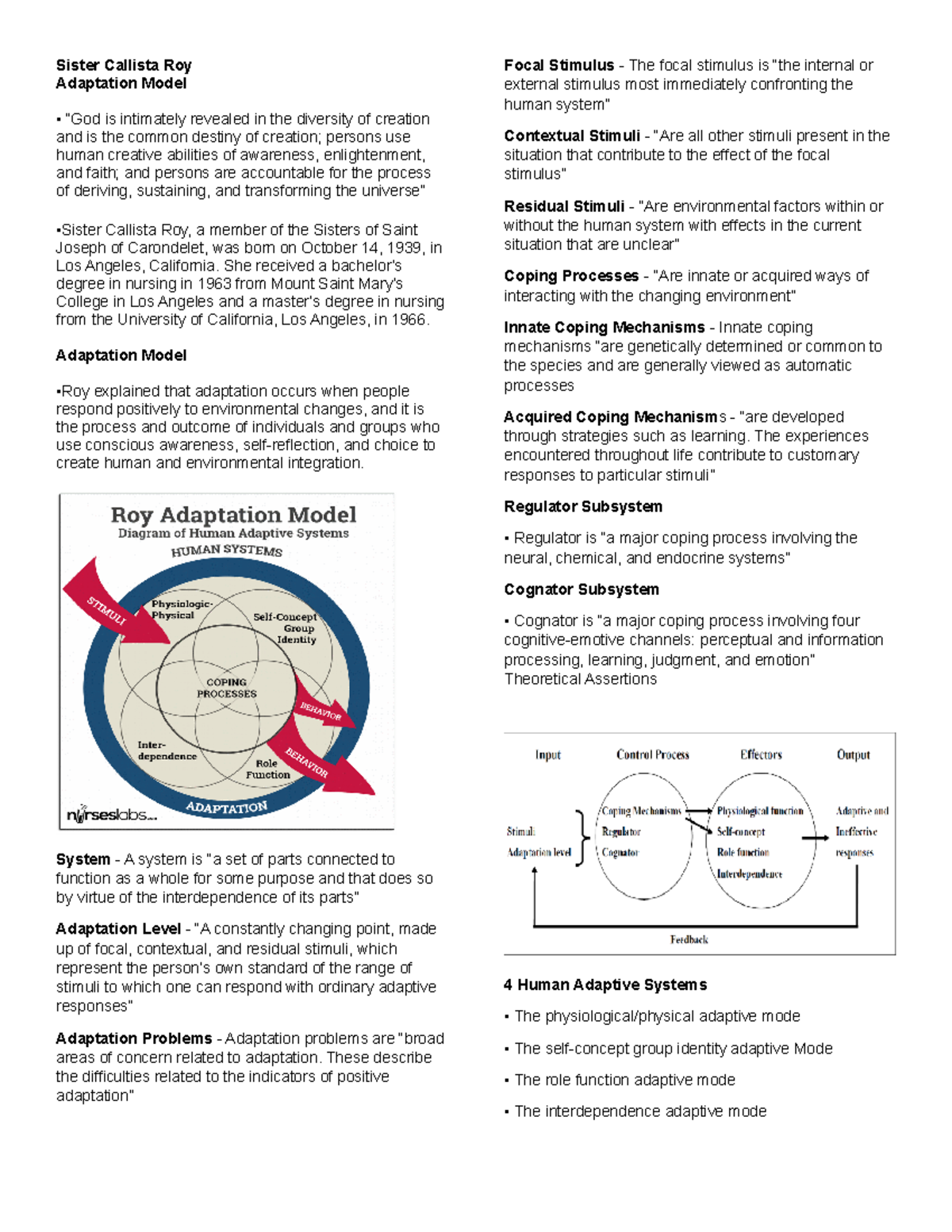 Nursing Theorist 2 - 2021-22 - Sister Callista Roy Adaptation Model ...