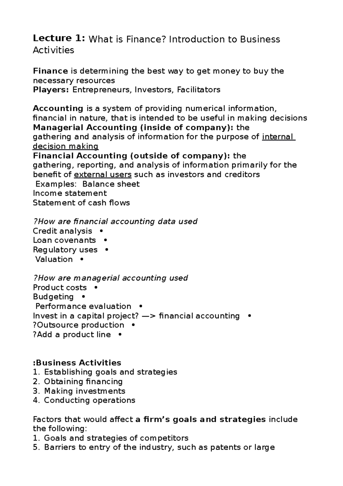BUS 101 конспект - Materials for Business - Lecture 1: What is Finance ...