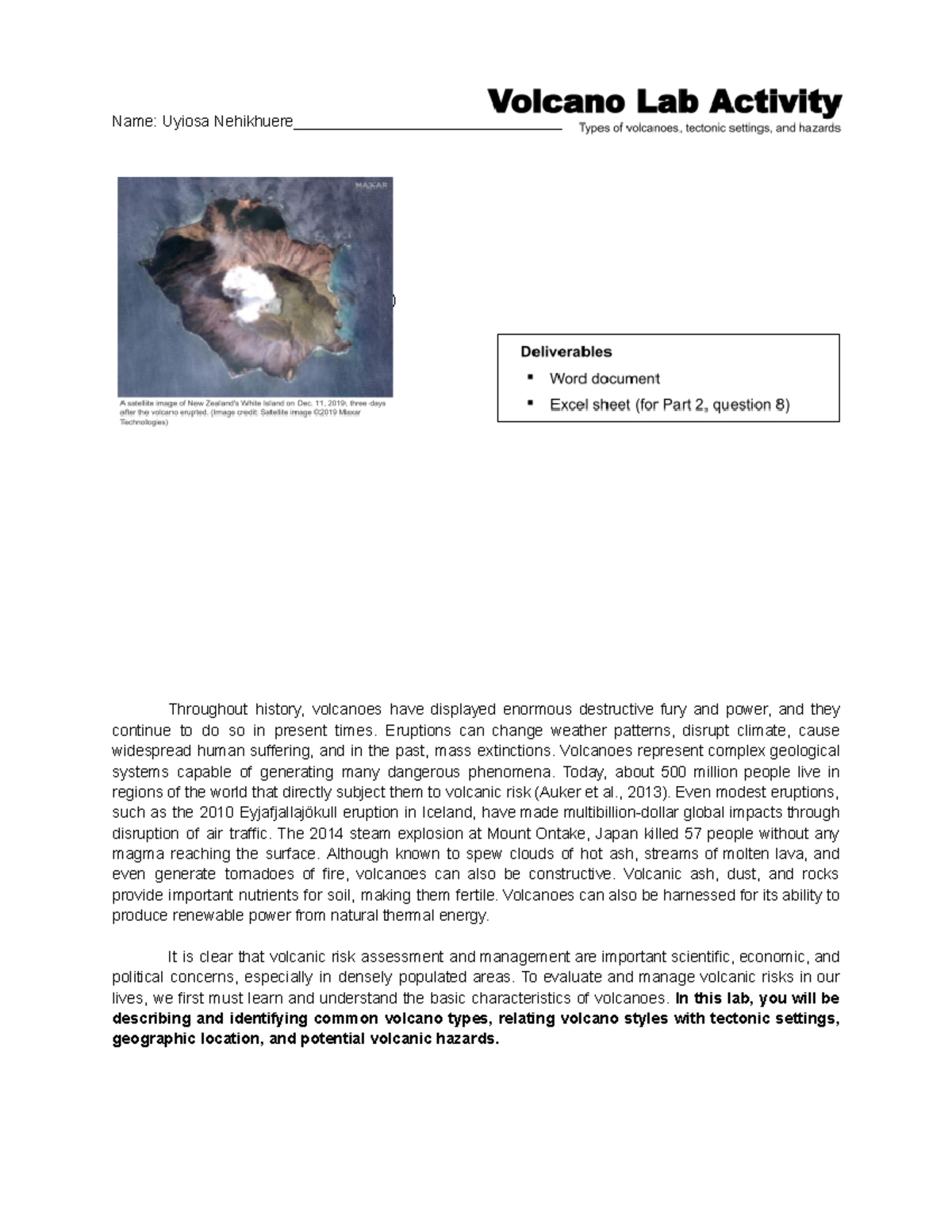 Volcano Lab - Name: Uyiosa Nehikhuere ...