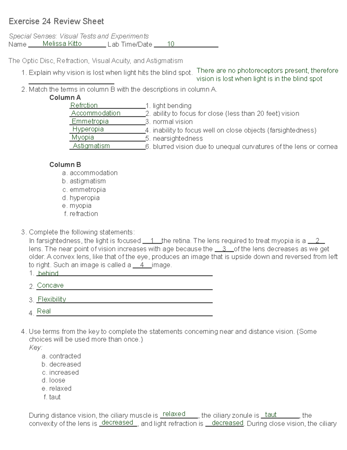 Exercise 24 Review Sheet Done - Exercise 24 Review Sheet Special Senses ...