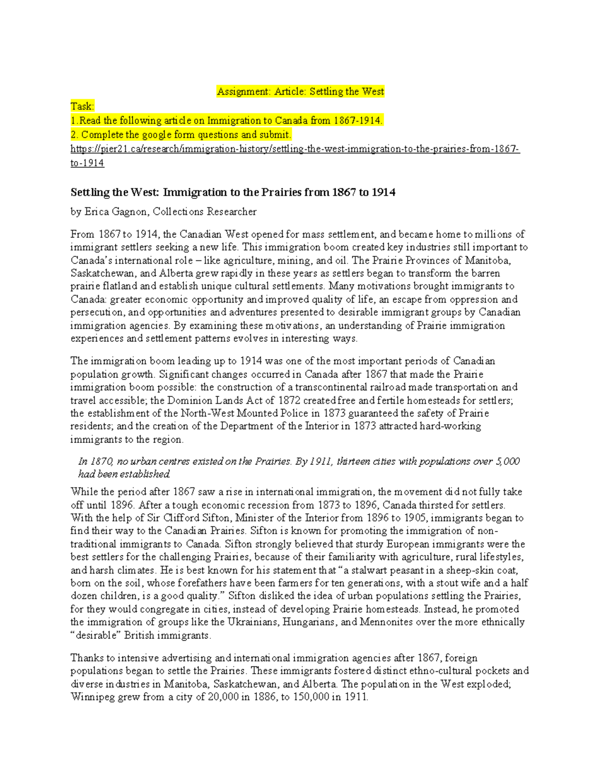 Article Settling the West - Assignment: Article: Settling the West Task ...