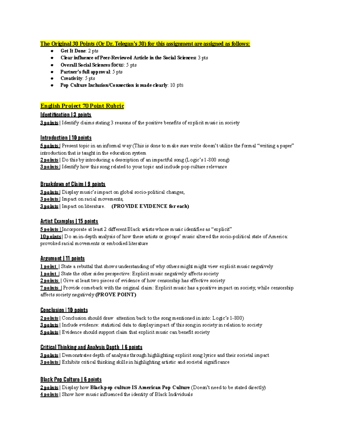 English 105 Rubric - The Original 30 Points (Or Dr. Telegan’s 30) for ...