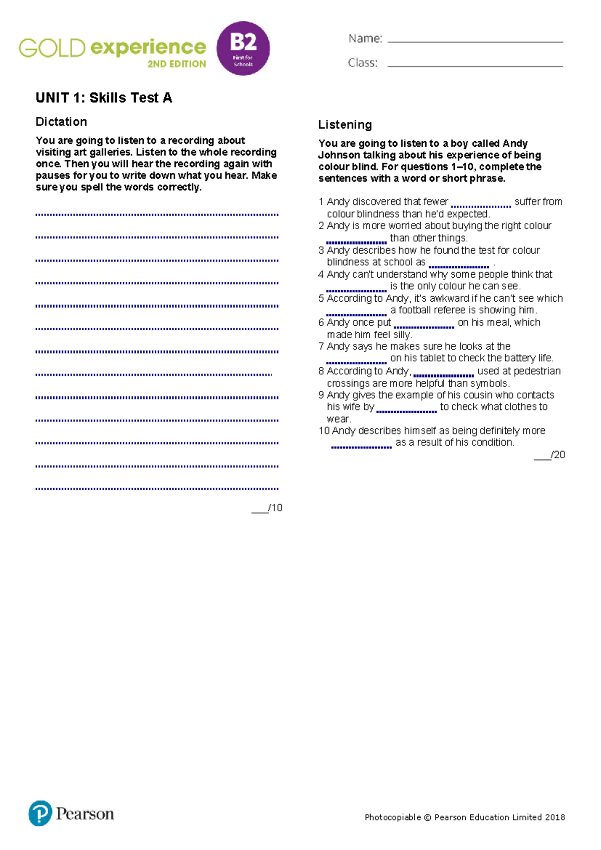 Gold Exp B2 Unit 1 Skills Test A - Photocopiable © Pearson Education ...