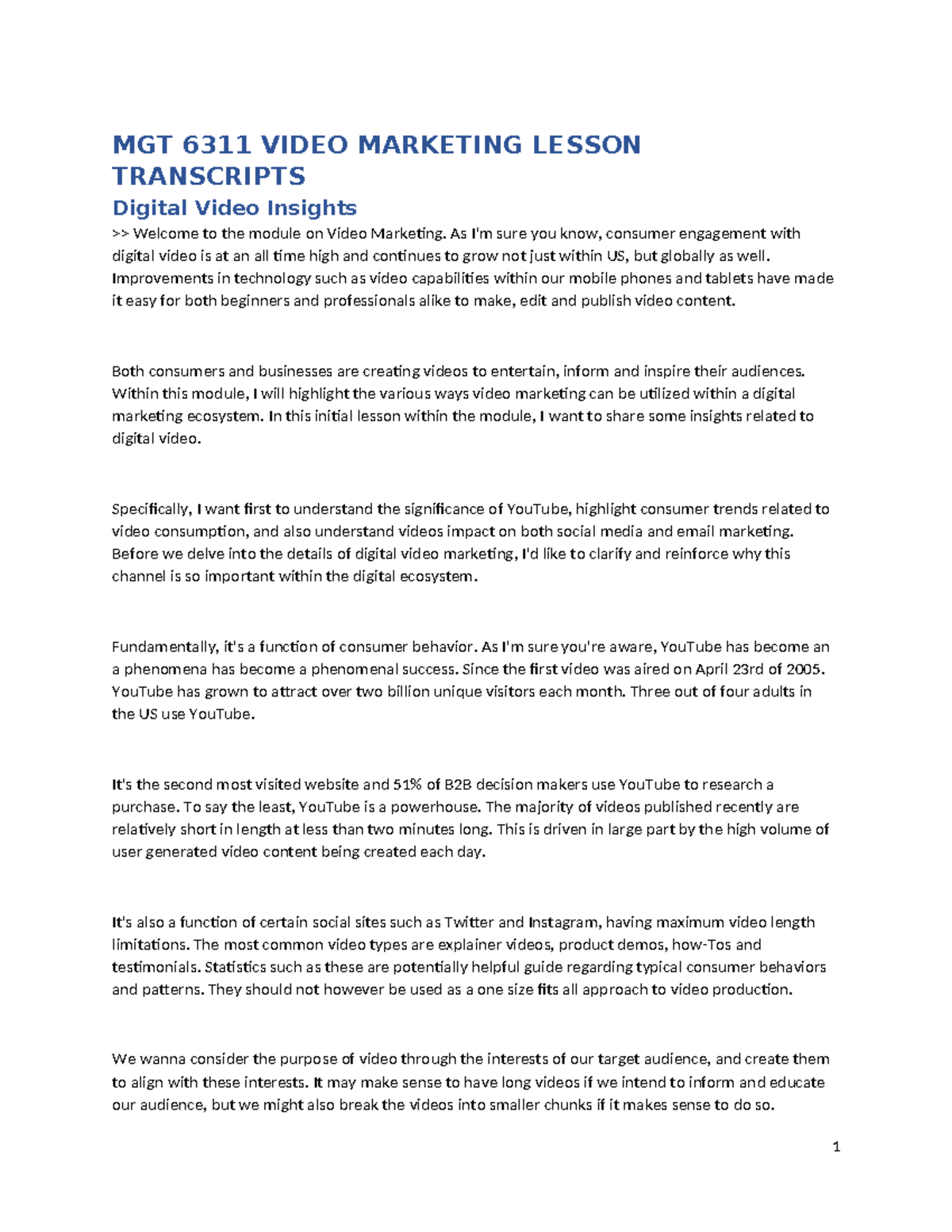 W7- Video Marketing Transcript - MGT 6311 VIDEO MARKETING LESSON ...