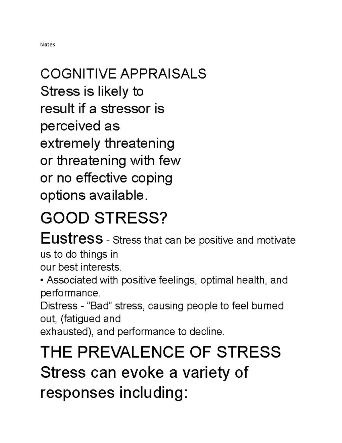 Document 165 - health - Notes COGNITIVE APPRAISALS Stress is likely to ...