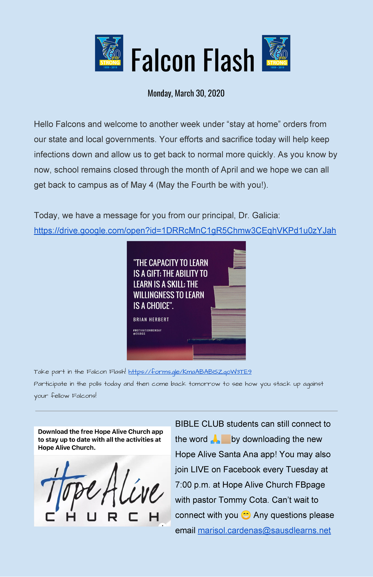 Falcon Flash 033020 - Falcon Flash Monday, March 30, 2020 Hello Falcons ...