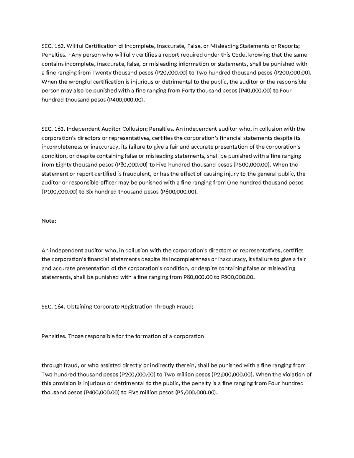 Law - business law corpo - SEC. 162. Willful Certification of ...