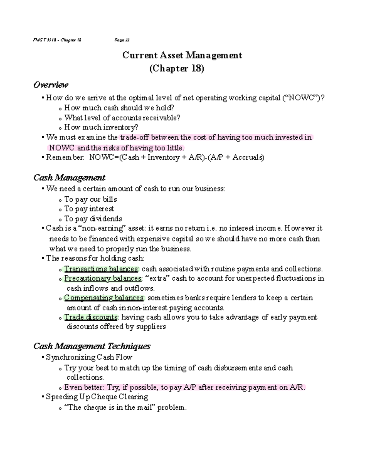 Chapter 18 - FMGT 3510 – Chapter 18 Page 22 Current Asset Management (Chapter 1 8 ) Overview How ...