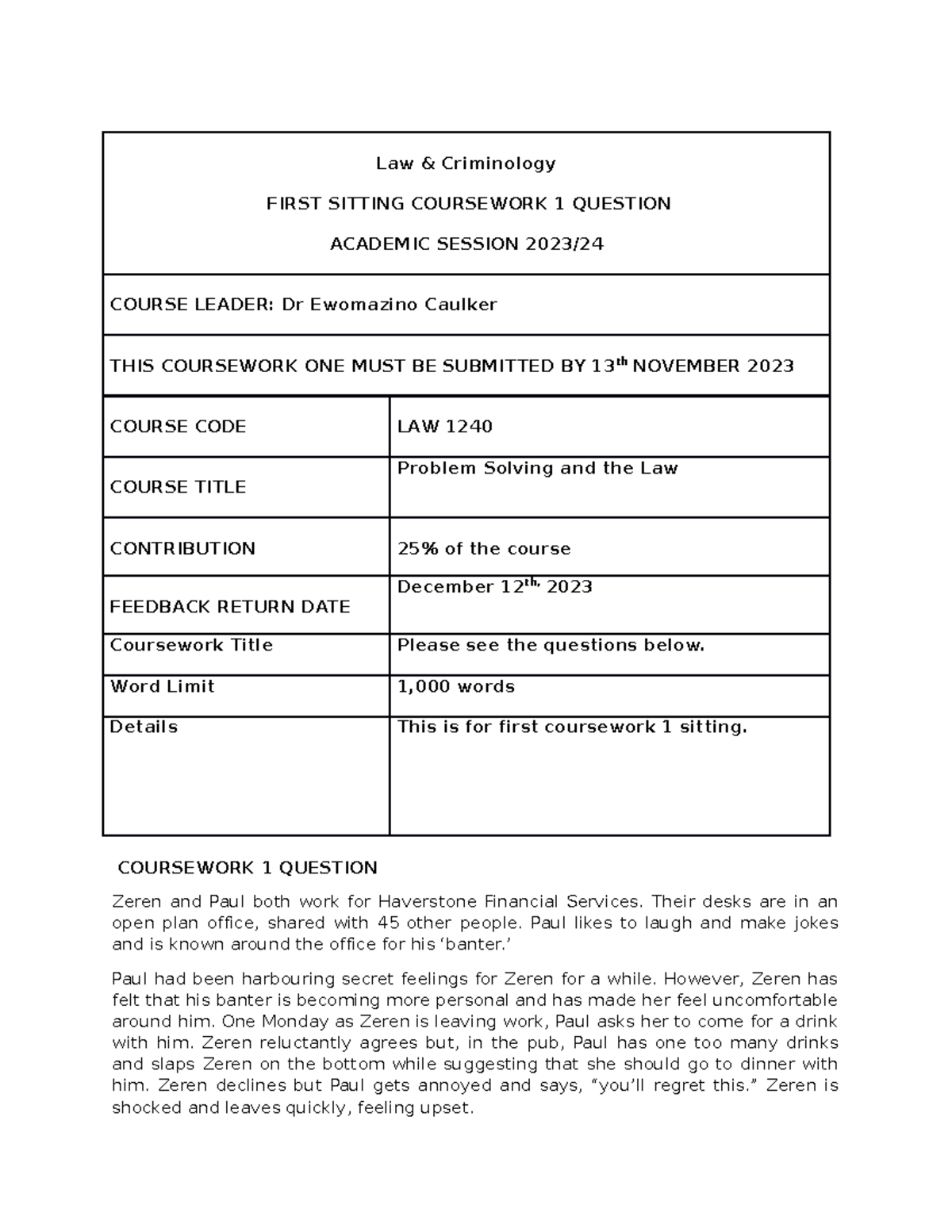 PSL Coursework 1 Question Final - Law & Criminology FIRST SITTING ...