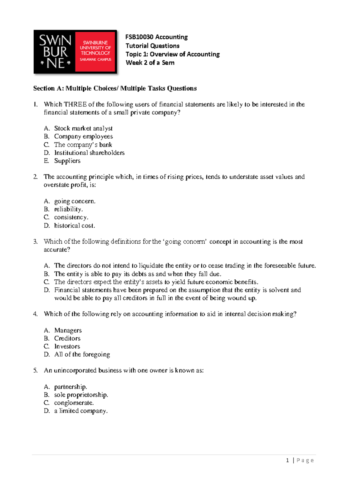 Tutorial Week 2 Topic 1-4 - FSB10030 Accounting Tutorial Questions ...