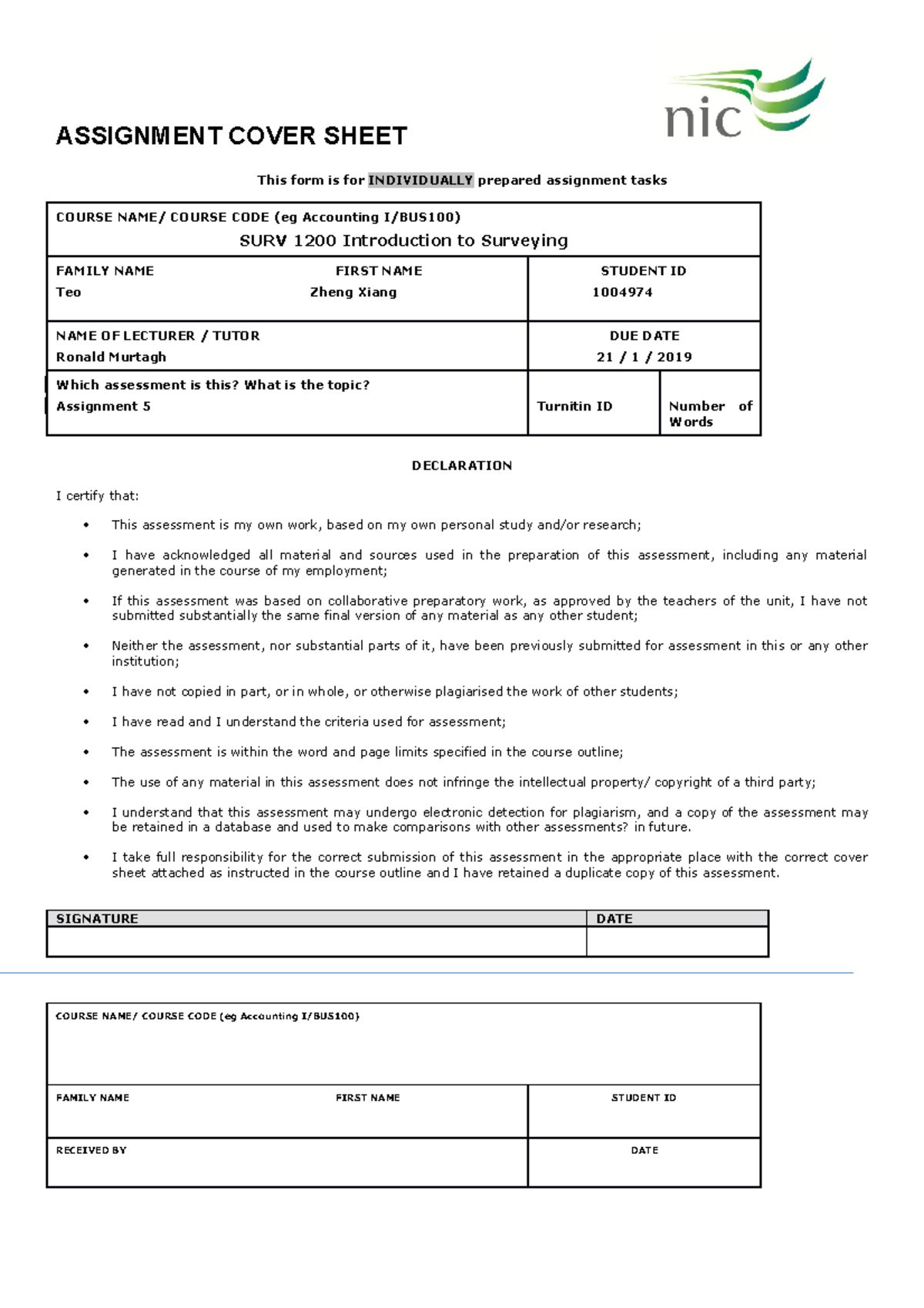 A5 - Assignment 4 Report - ASSIGNMENT COVER SHEET This form is for INDIVIDUALLY prepared ...