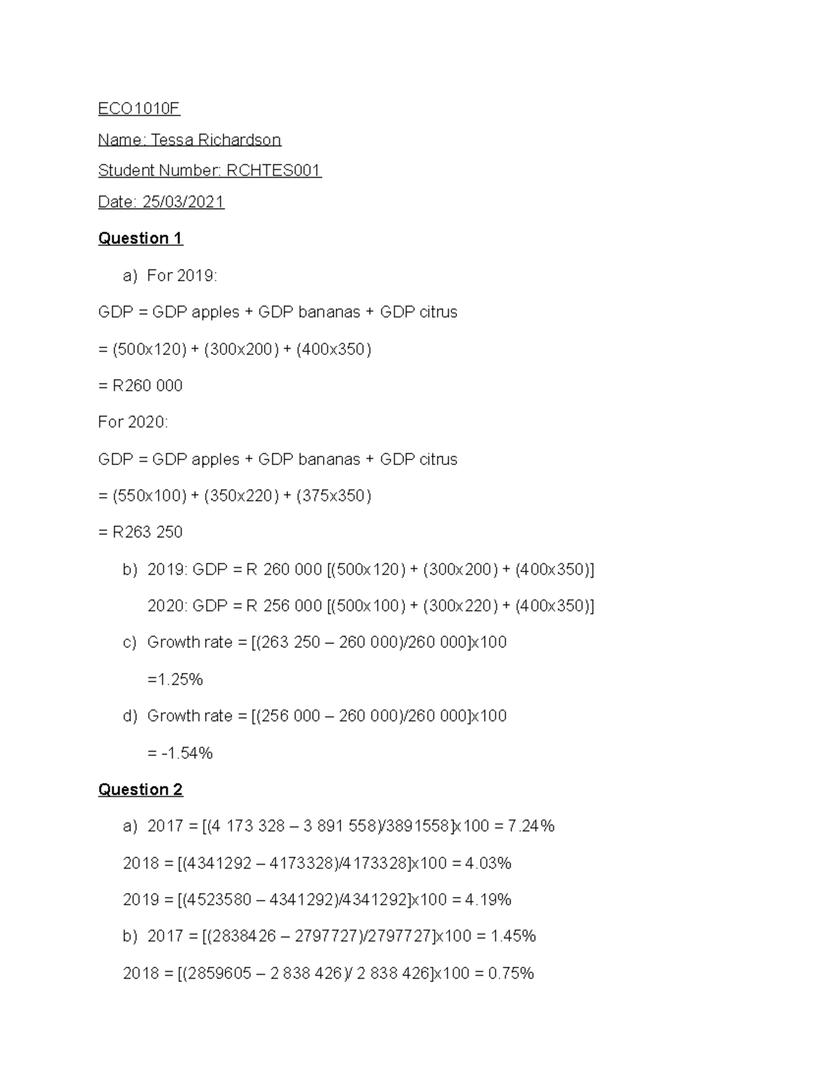 ECO1010F - its a tutorial answer for week 1 - ECO1010F Name: Tessa ...