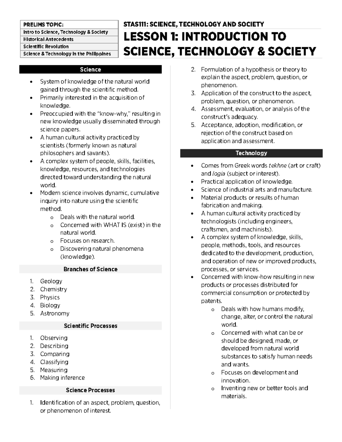 Prelims STAS - Prelim Reviewer - STAS111: SCIENCE, TECHNOLOGY AND ...