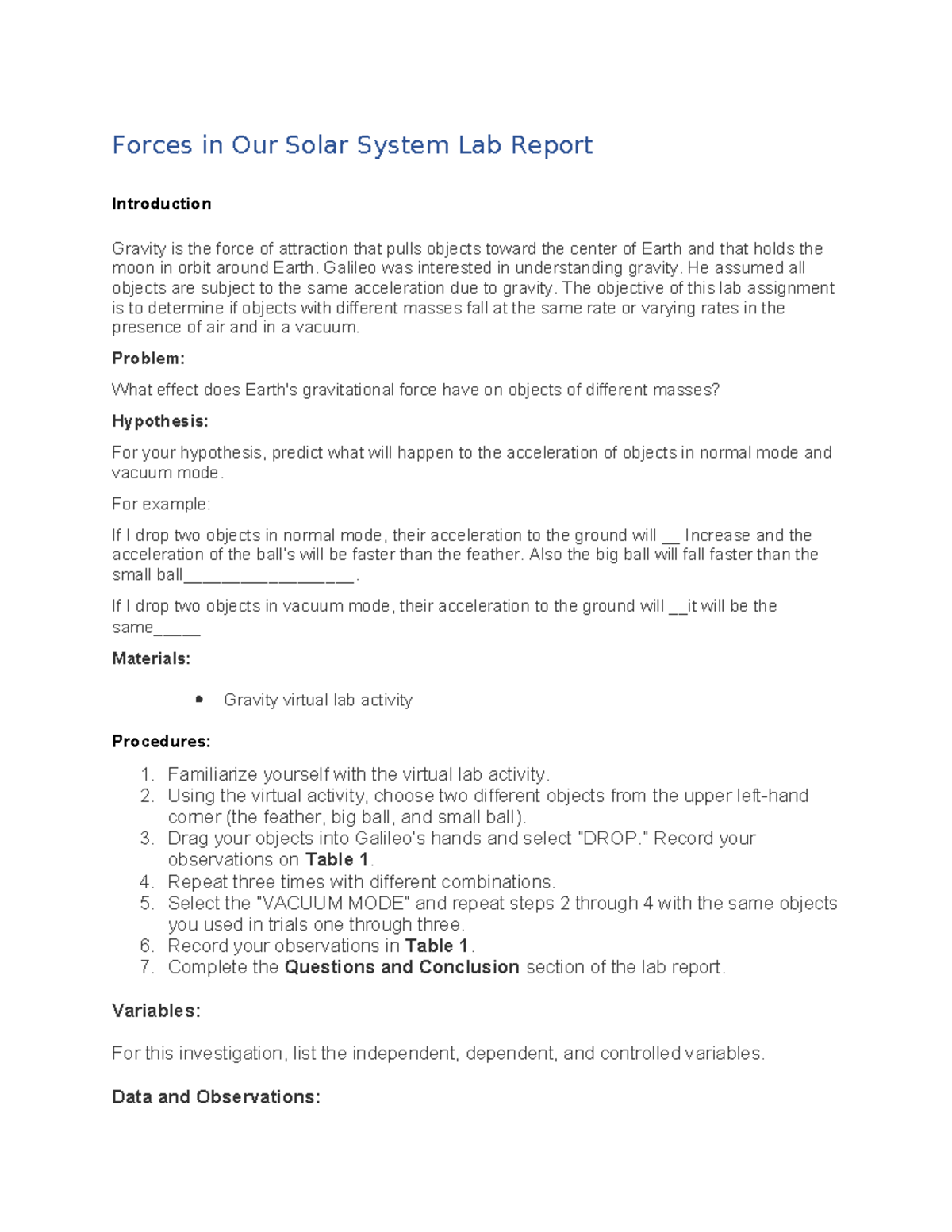 Forces in our solar system lab report 1 - Forces in Our Solar System ...