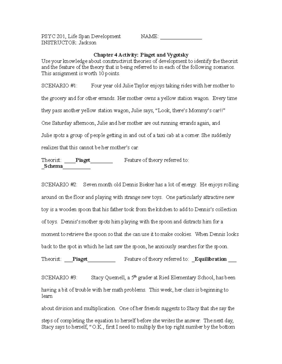 Ch4-Activity Worksheet lifespan development - PSYC 201, Life Span ...