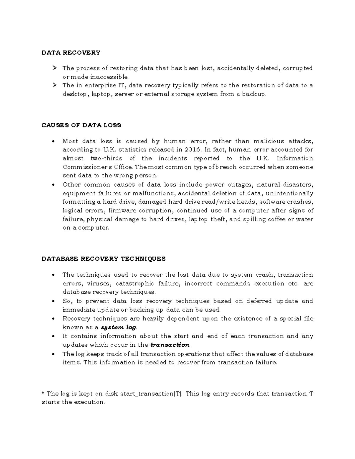 Database Backup and Recovery - DATA RECOVERY The process of restoring ...