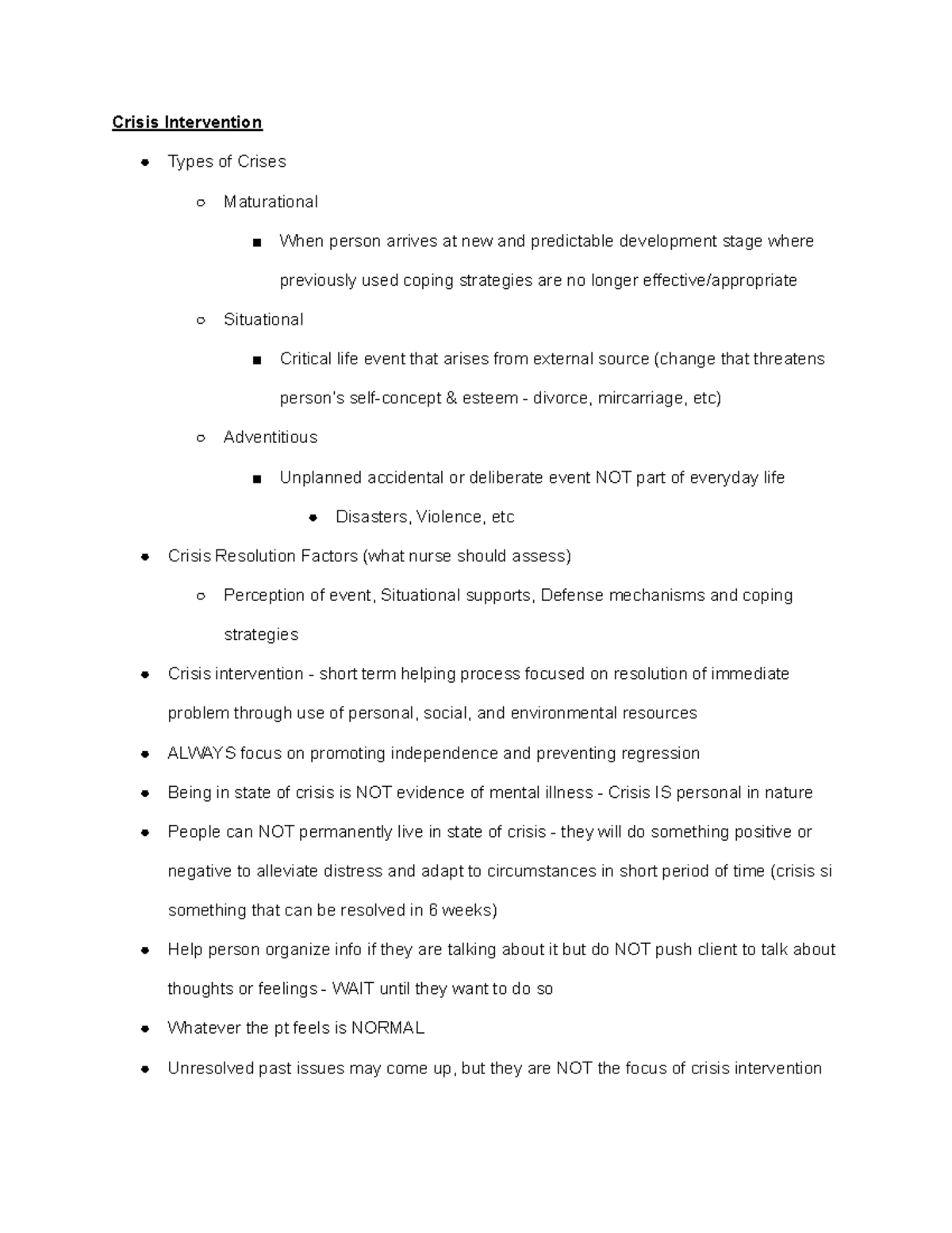 MH Exam 3 - Crisis Intervention Types of Crises Maturational When ...