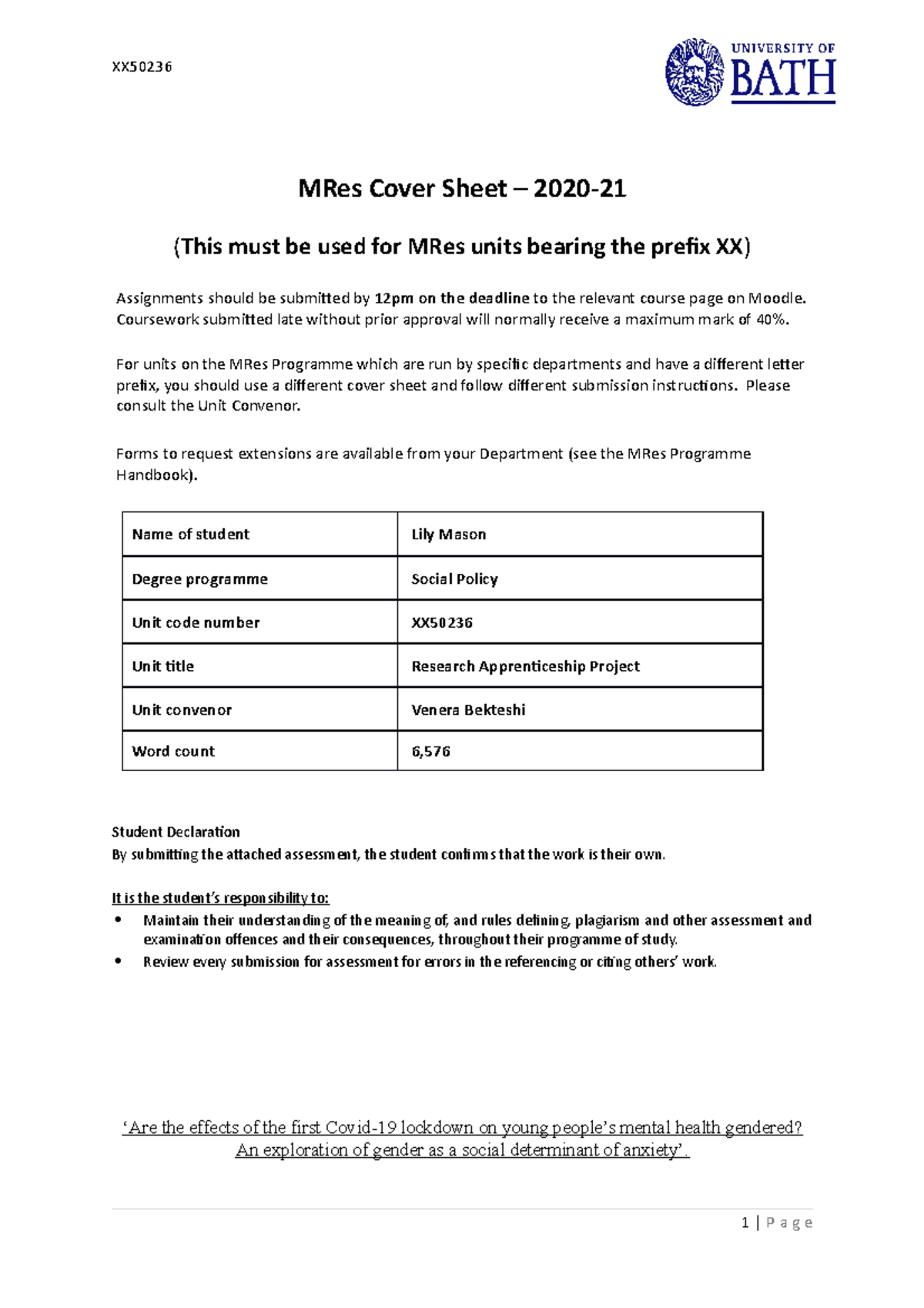 Research project - MRes Cover Sheet – 2020- (This must be used for MRes ...