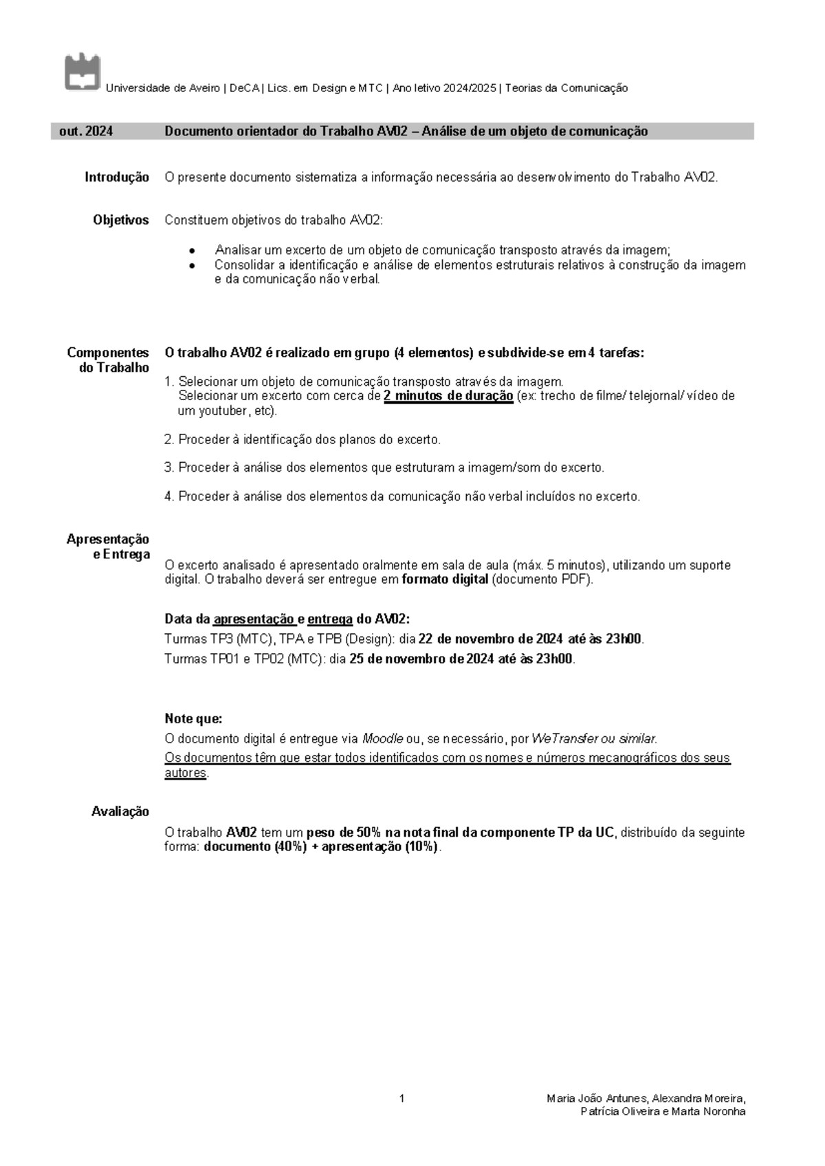 AV02 objeto comunicacao 24 25 - Universidade de Aveiro | DeCA | Lics ...