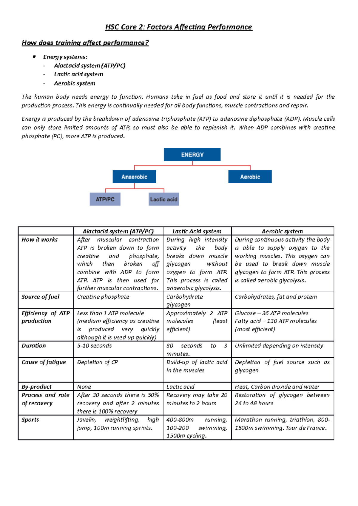 HSC Core 2 - Factors Affecting Performance - Humans take in fuel as ...