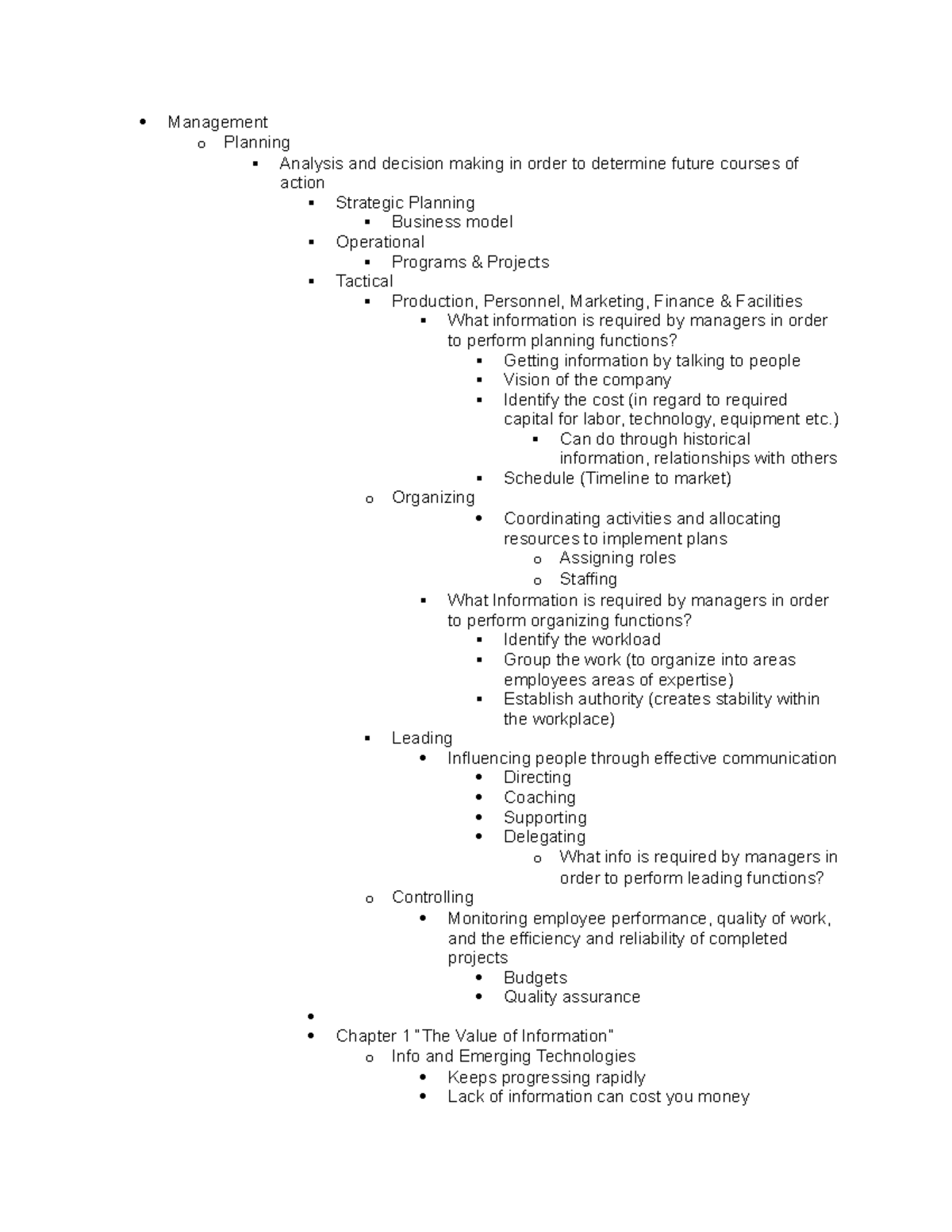 MIS Notes - Management o Planning Analysis and decision making in order ...