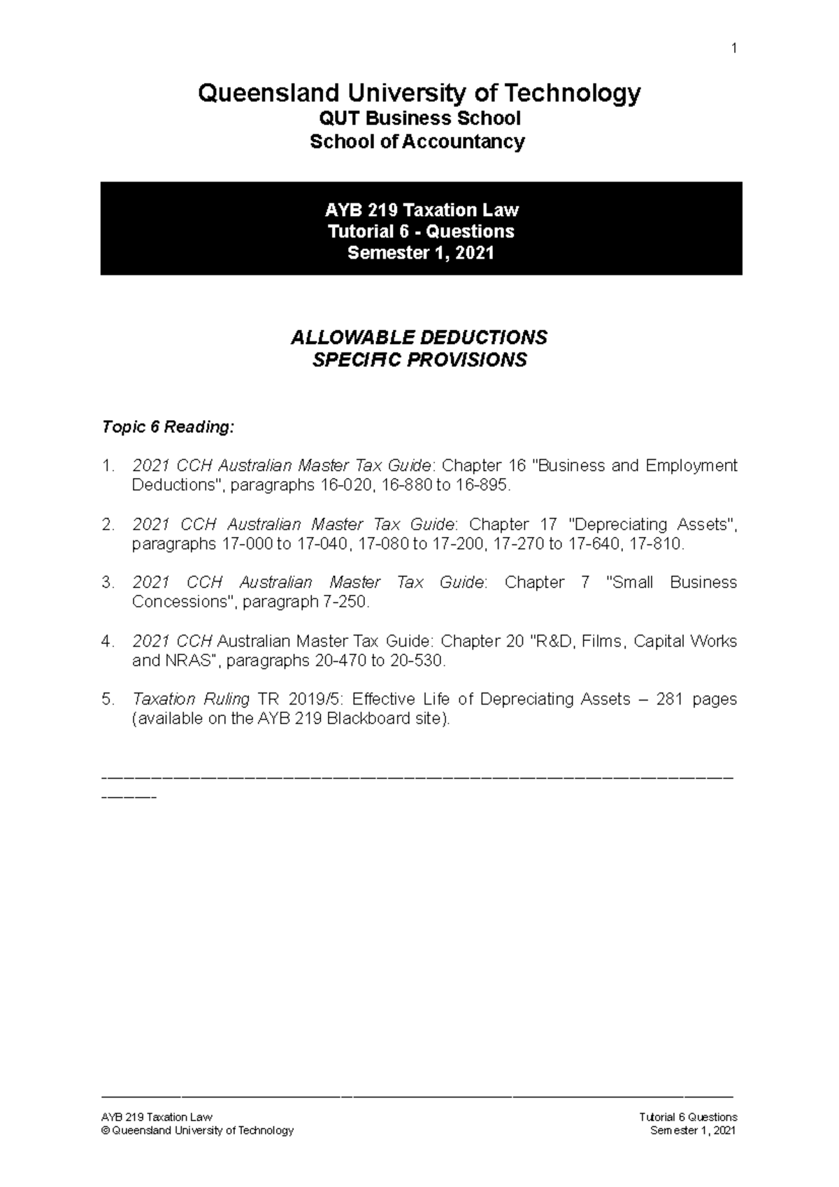 taxation law tutorial questions week 6 - Queensland University of ...