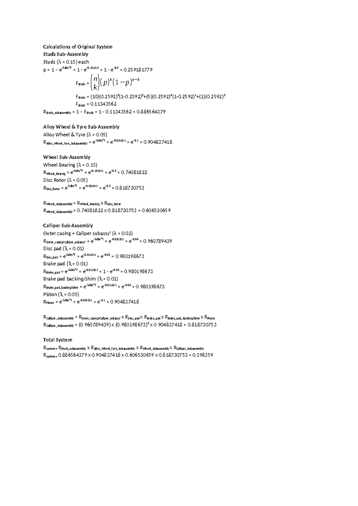 Reliability Assignment Calculation Calculations Of Original System