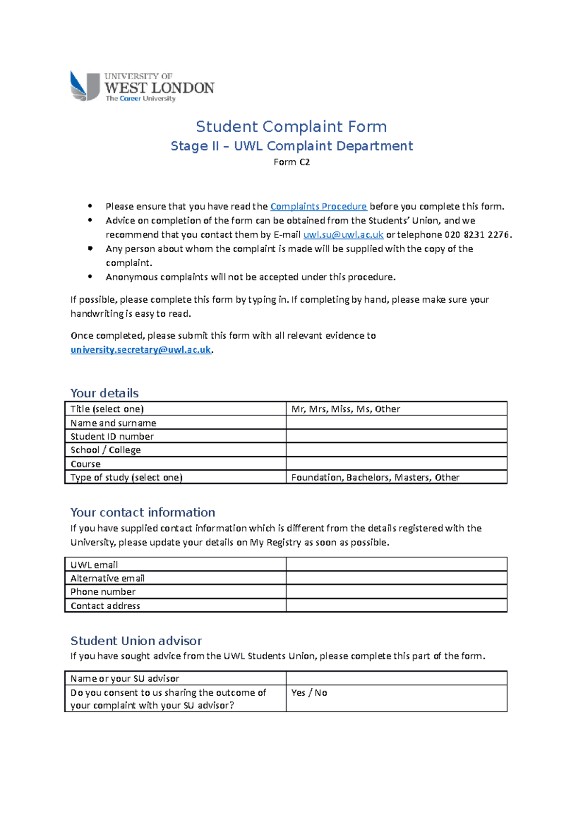 Student Complaint Form - Stage 2 - Student Complaint Form Stage II ...