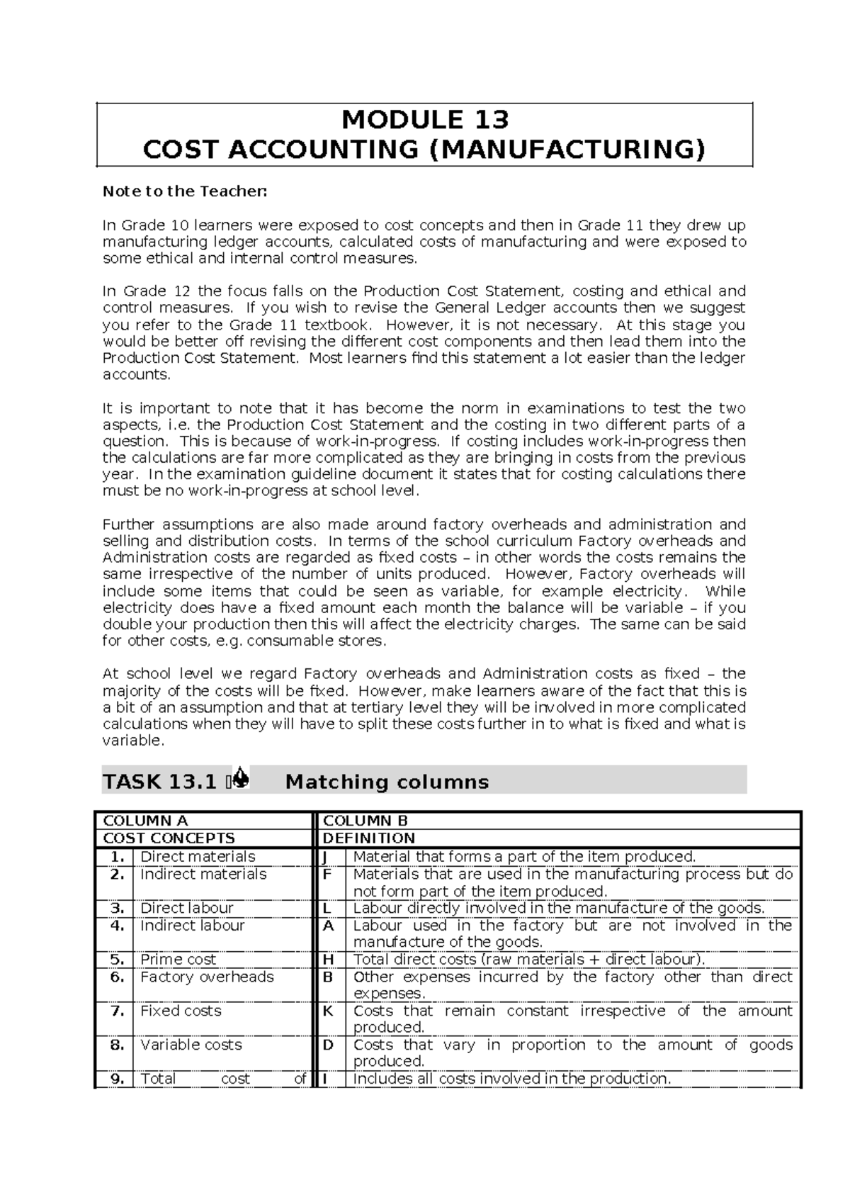 Costing Module Grade 12 - MODULE 13 COST ACCOUNTING (MANUFACTURING ...