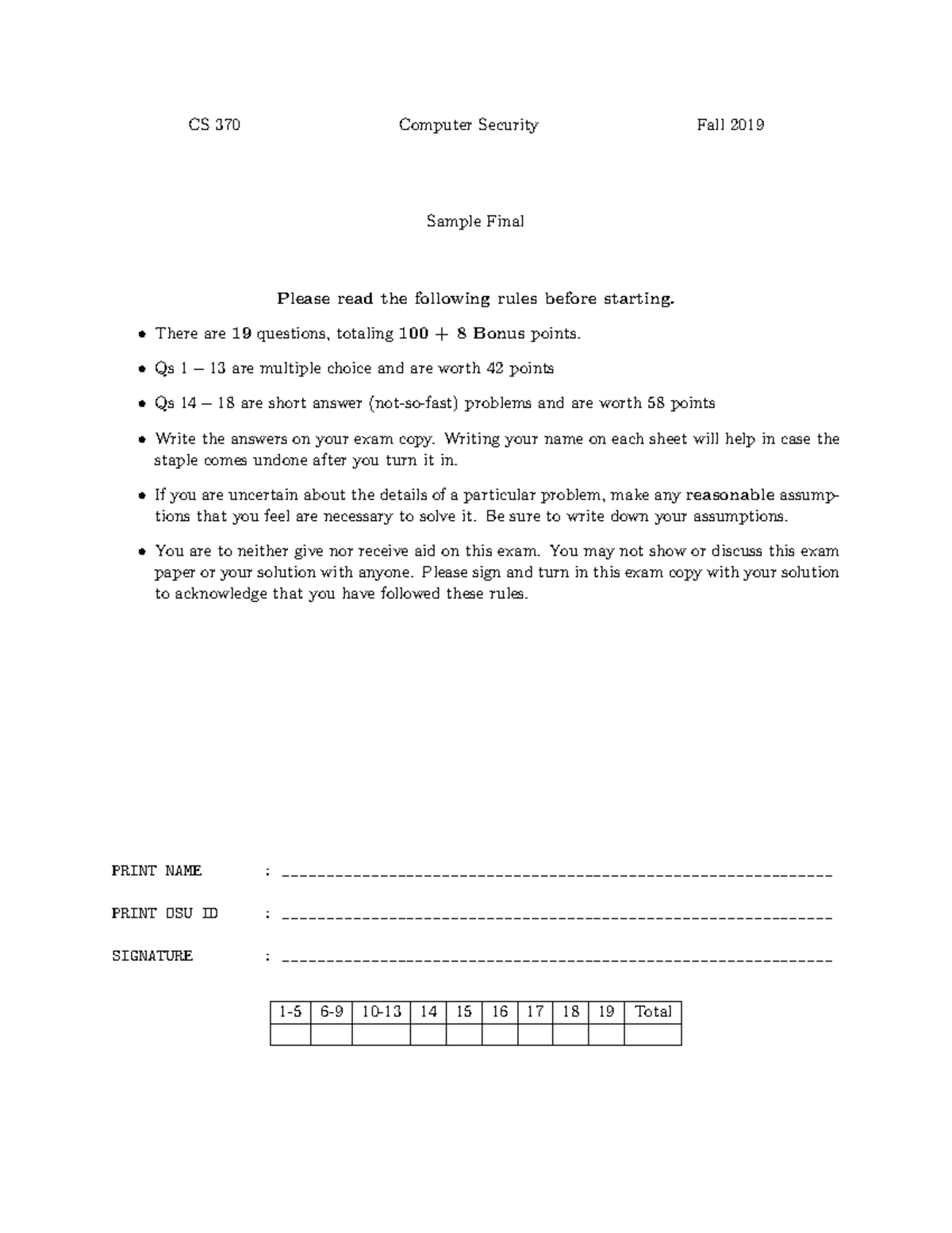 Sample Final-Fall2019 - CS 370 Computer Security Fall 2019 Sample Final ...