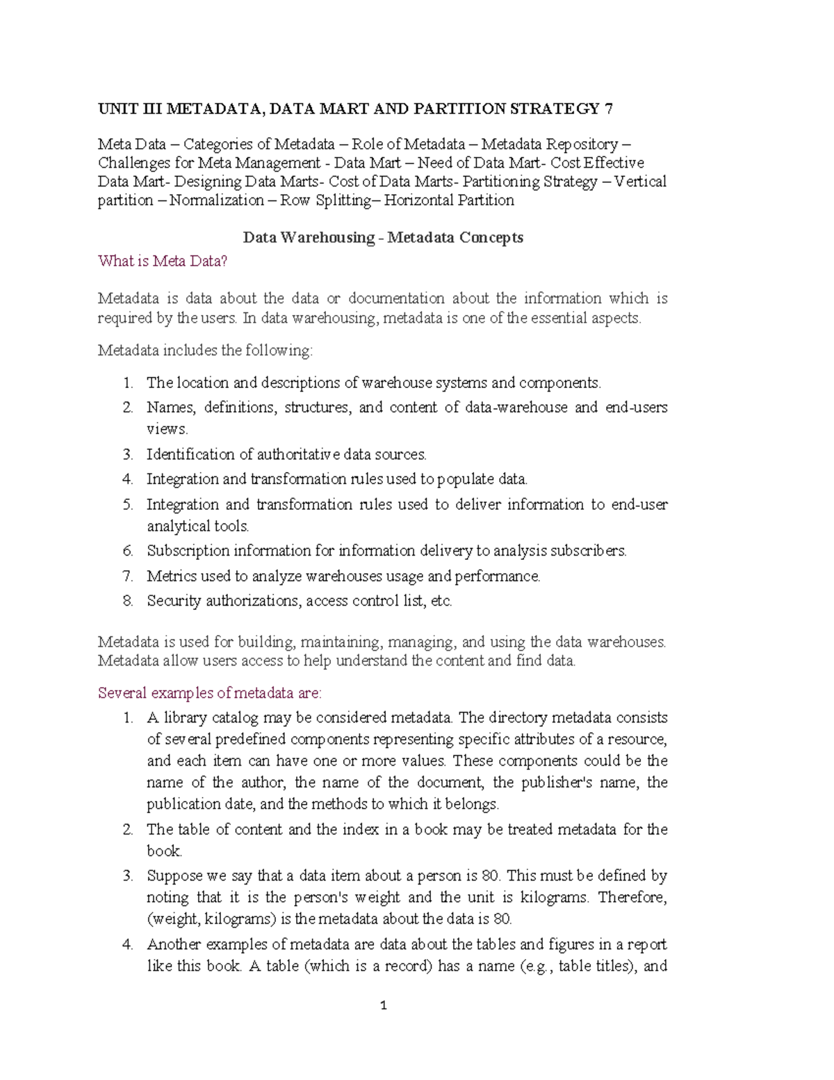 Unit3 - Data warehouse unit 3 - UNIT III METADATA, DATA MART AND ...