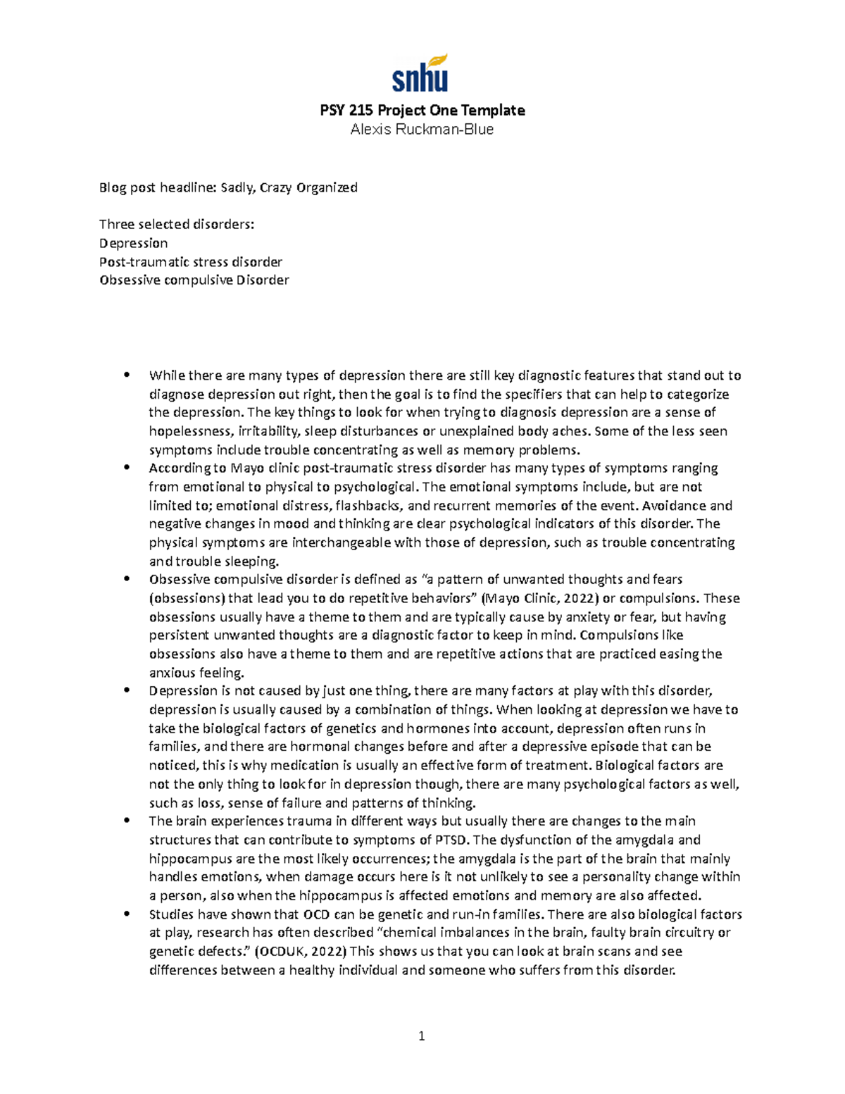 PSY 215 Project One - got 100 - PSY 215 Project One Template Alexis ...