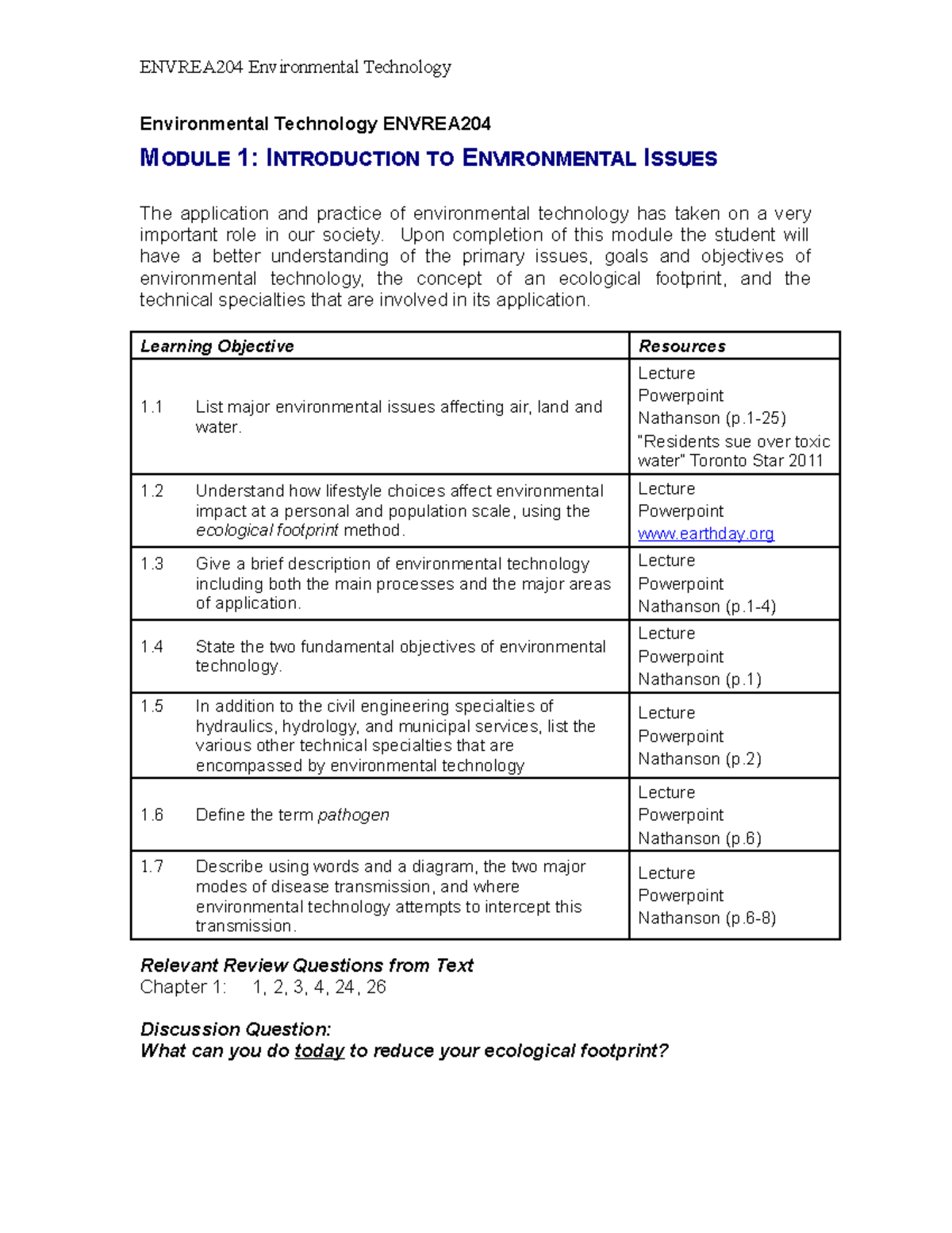 Module 1 Learning Objectives - ENVREA204 Environmental Technology ...