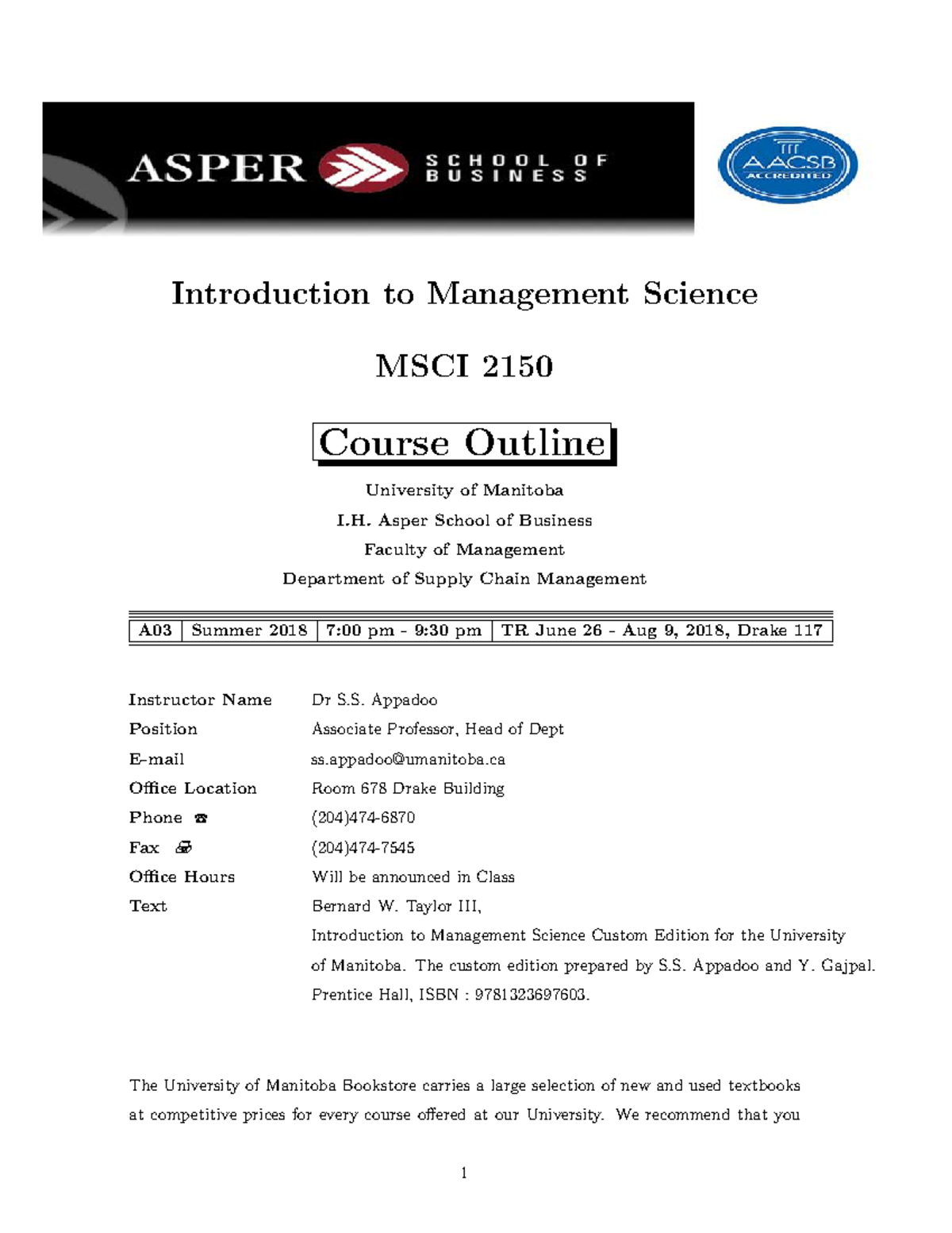 Course Outline - Introduction to Management Science MSCI 2150 Course ...
