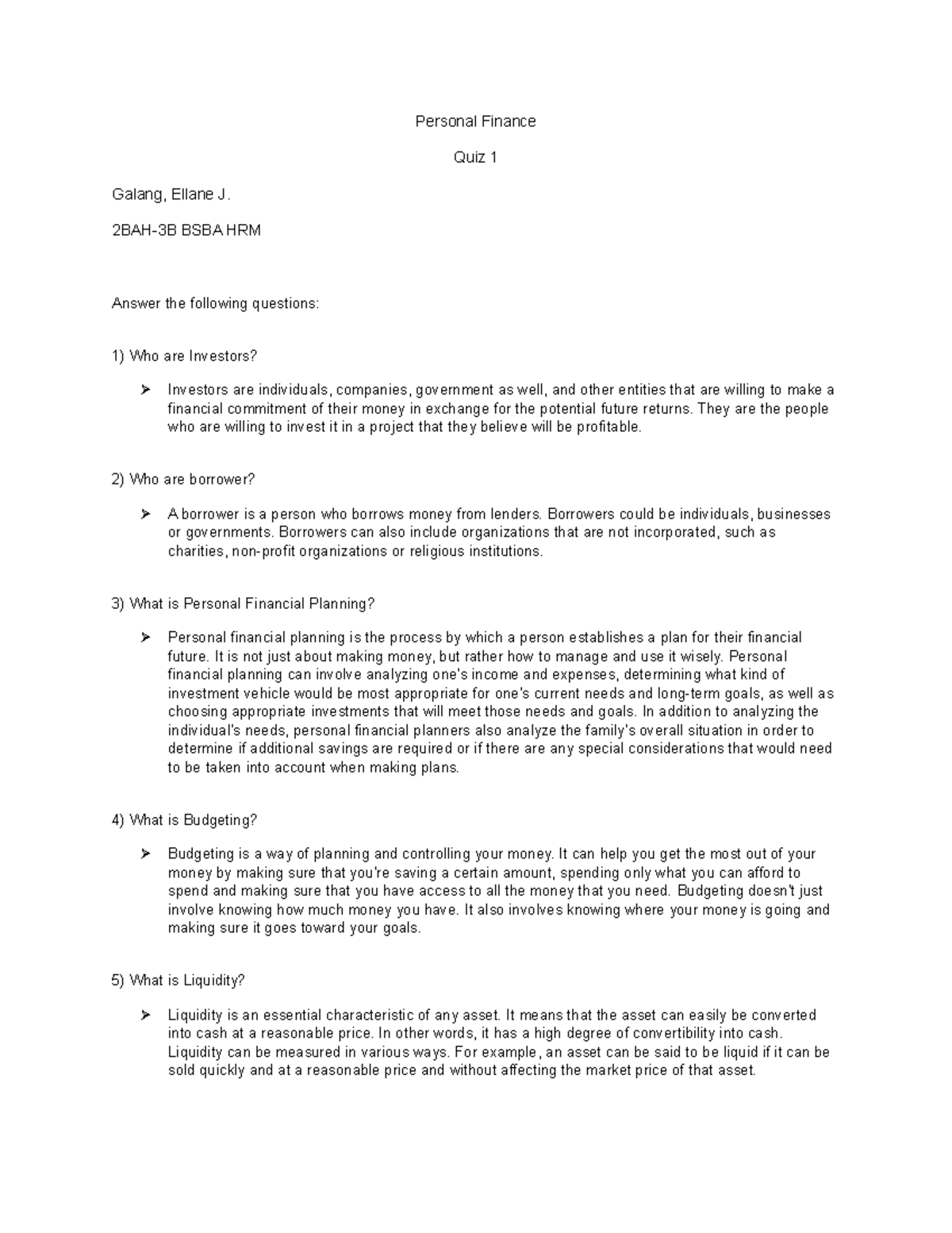 Galang 2BAH3B Personal Finance Quiz1 - Personal Finance Quiz 1 Galang ...
